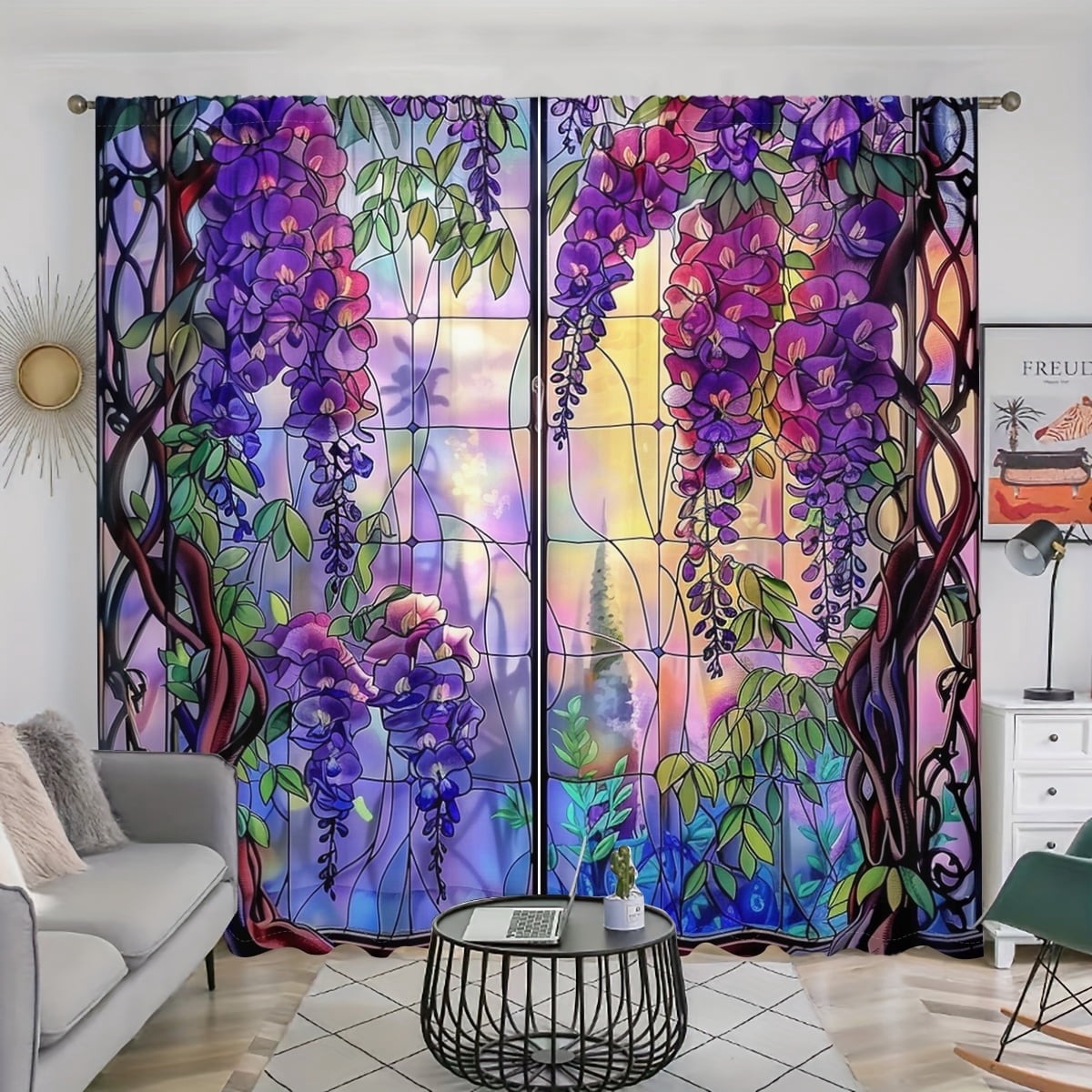 WNOOHIY Dreamy Purple Wisteria Stained Glass Painted Design Curtains ...