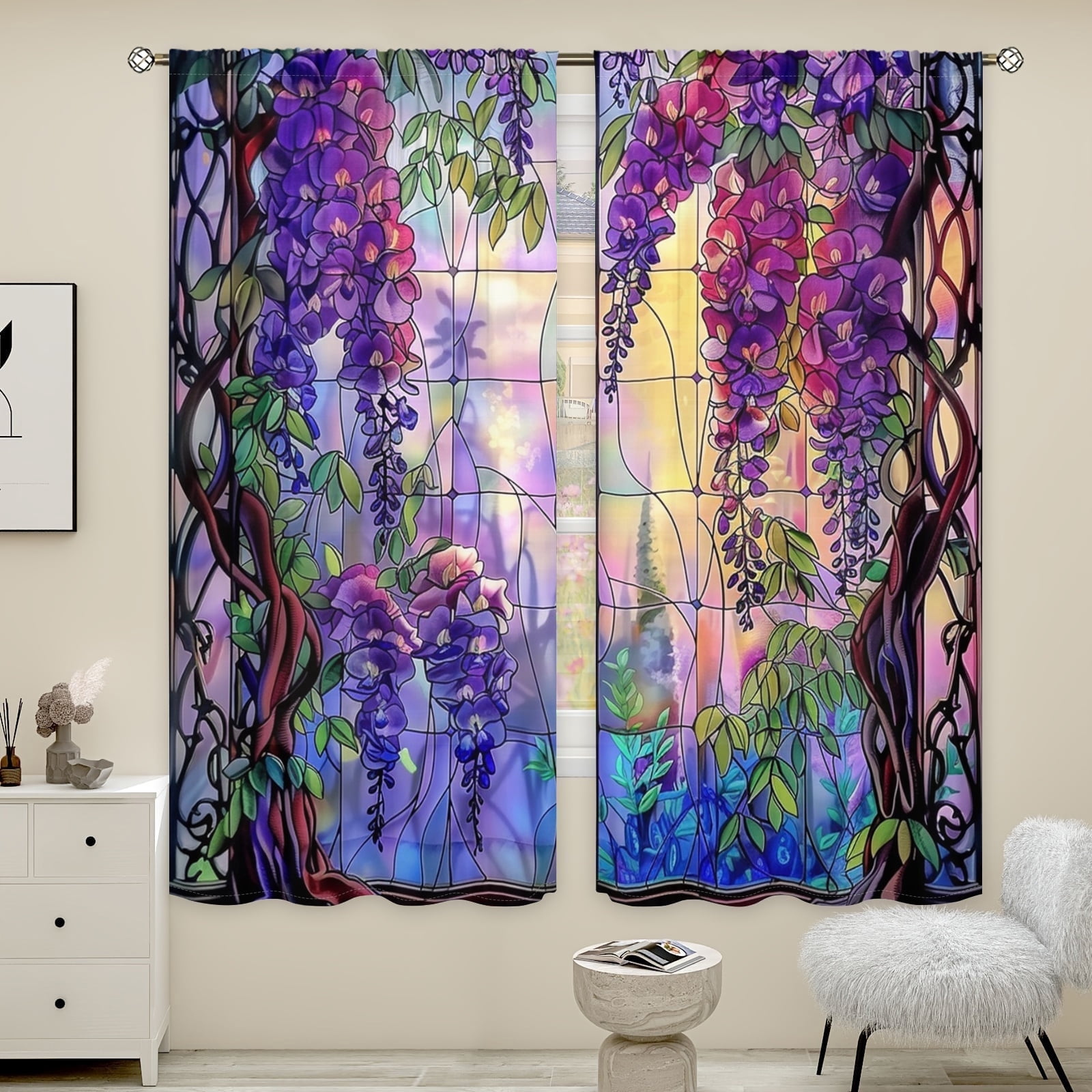 WNOOHIY Dreamy Purple Wisteria Stained Glass Painted Design Curtains ...