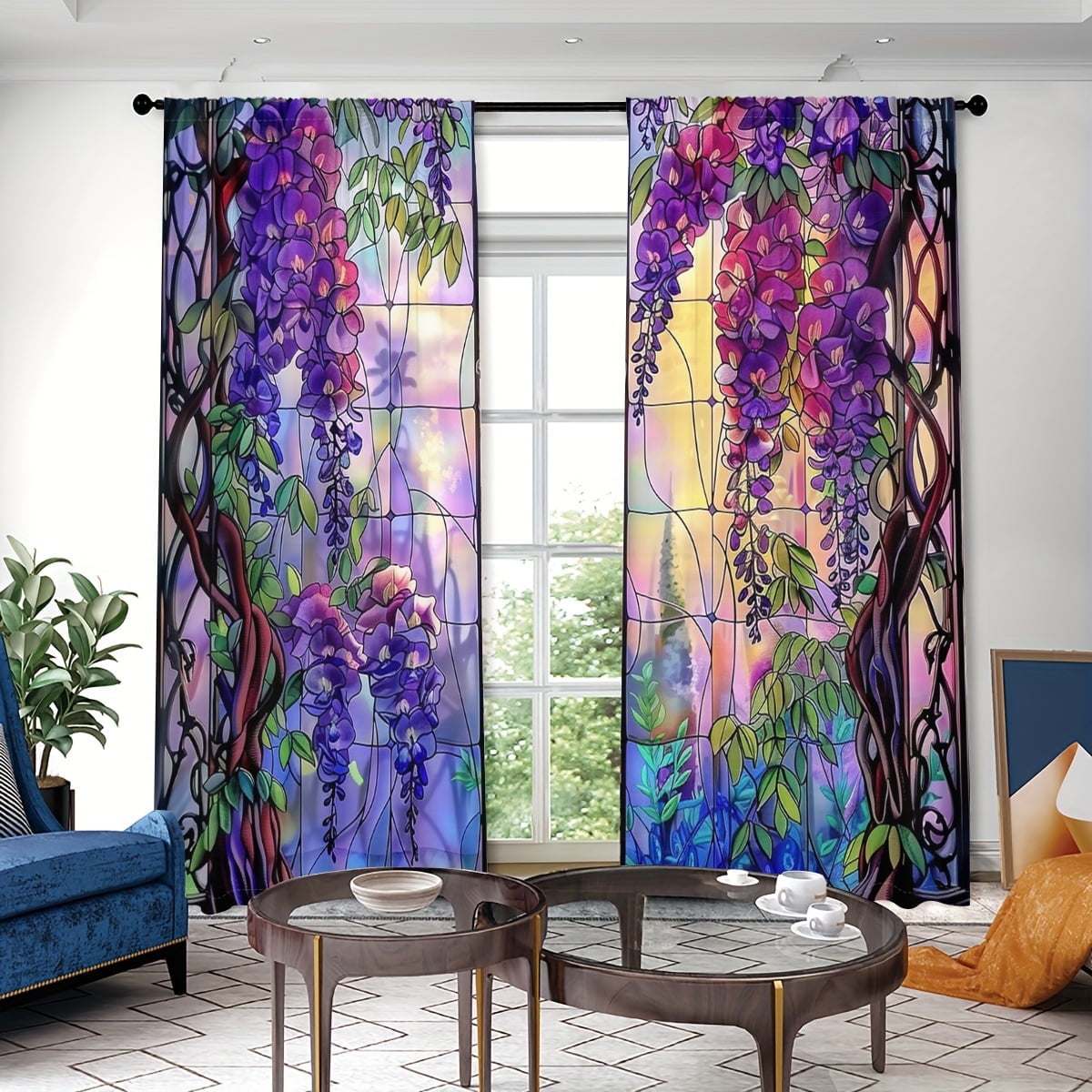 WNOOHIY Dreamy Purple Wisteria Stained Glass Painted Design Curtains ...