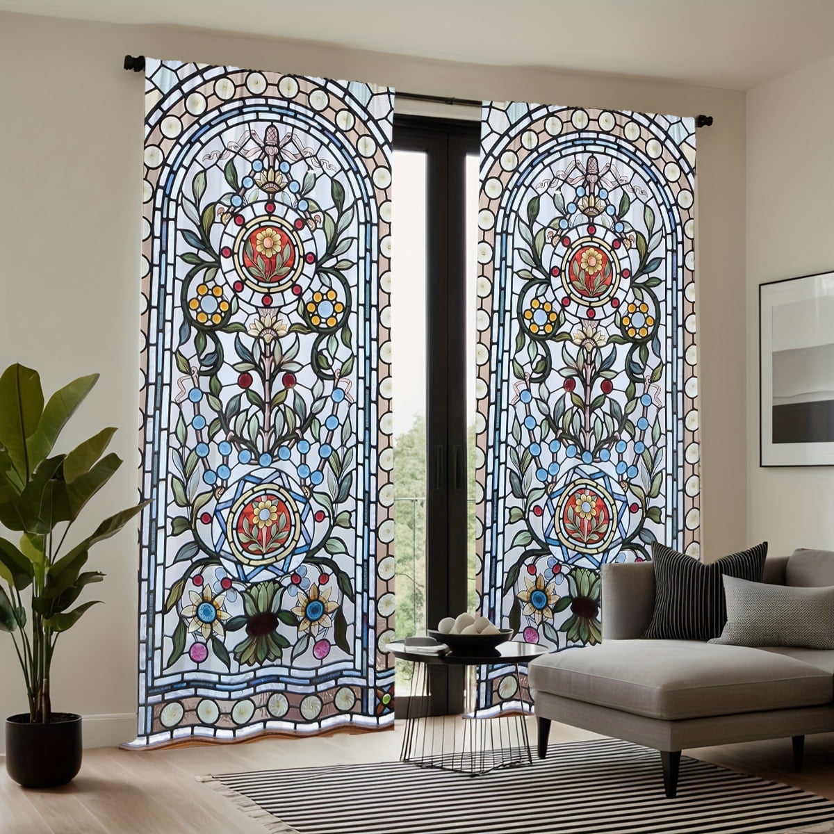 WNOOHIY Gothic Floral Artistic Stained Glass Light-filtering Curtains ...