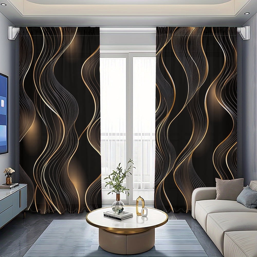 WNOOHIY Luxurious Black Golden Abstract Wavy Line Light-filtering ...
