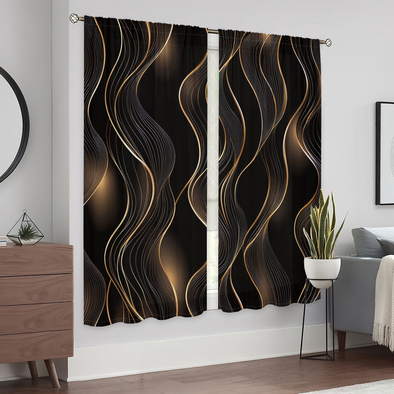 WNOOHIY Luxurious Black Golden Abstract Wavy Line Light-filtering ...