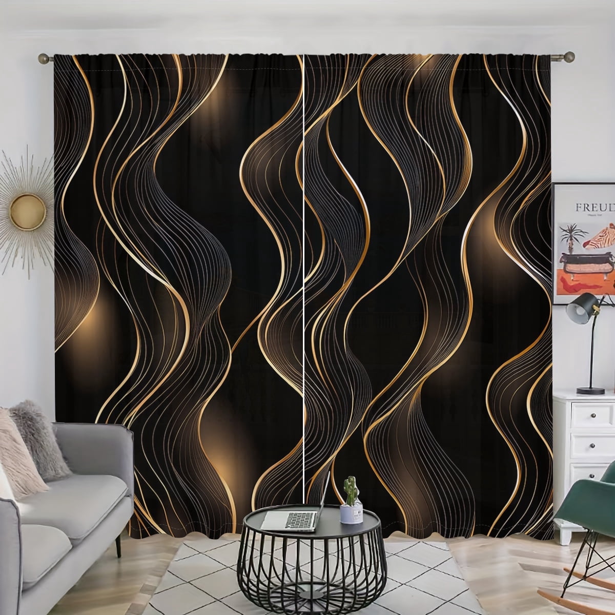 WNOOHIY Luxurious Black Golden Abstract Wavy Line Light-filtering ...