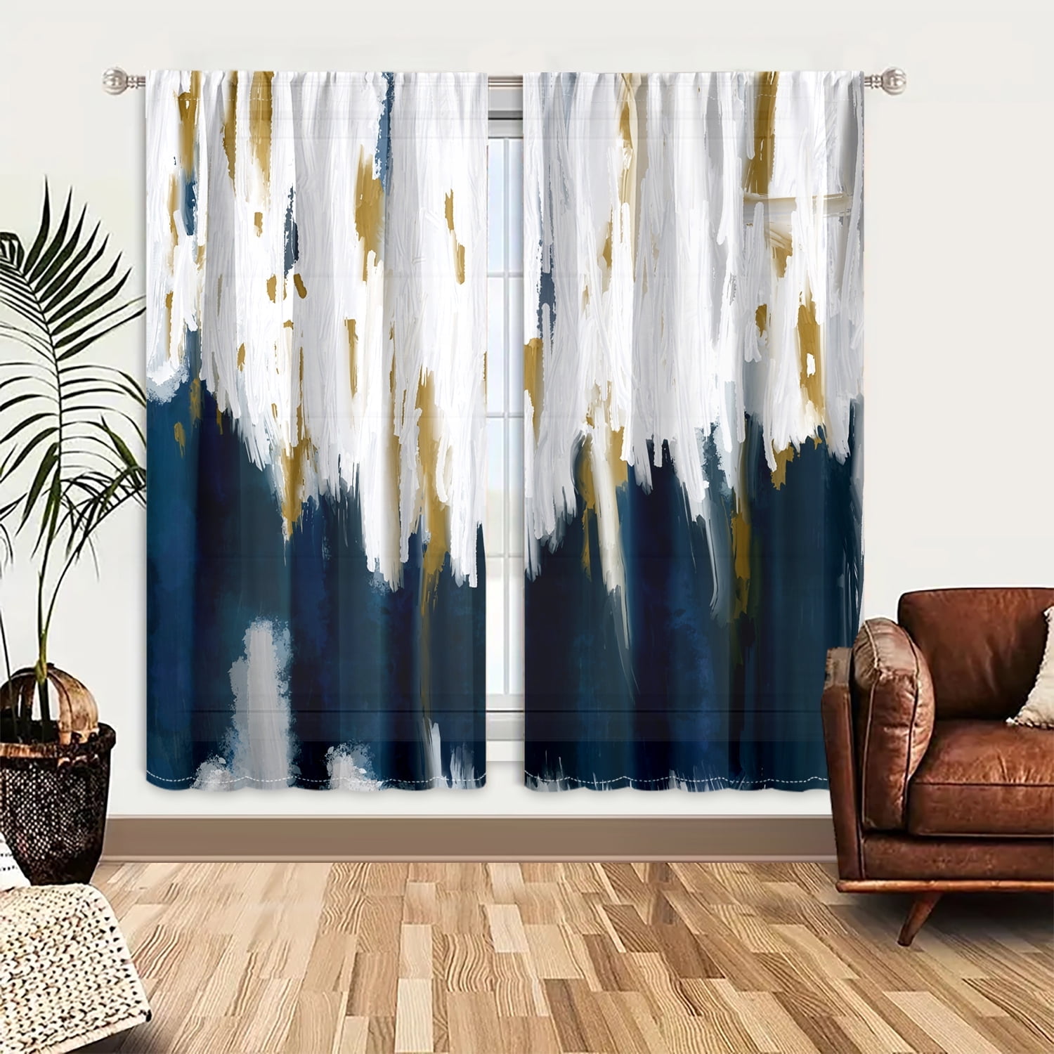 WNOOHIY Navy Blue White Abstract Light-filtering Curtains for Living ...