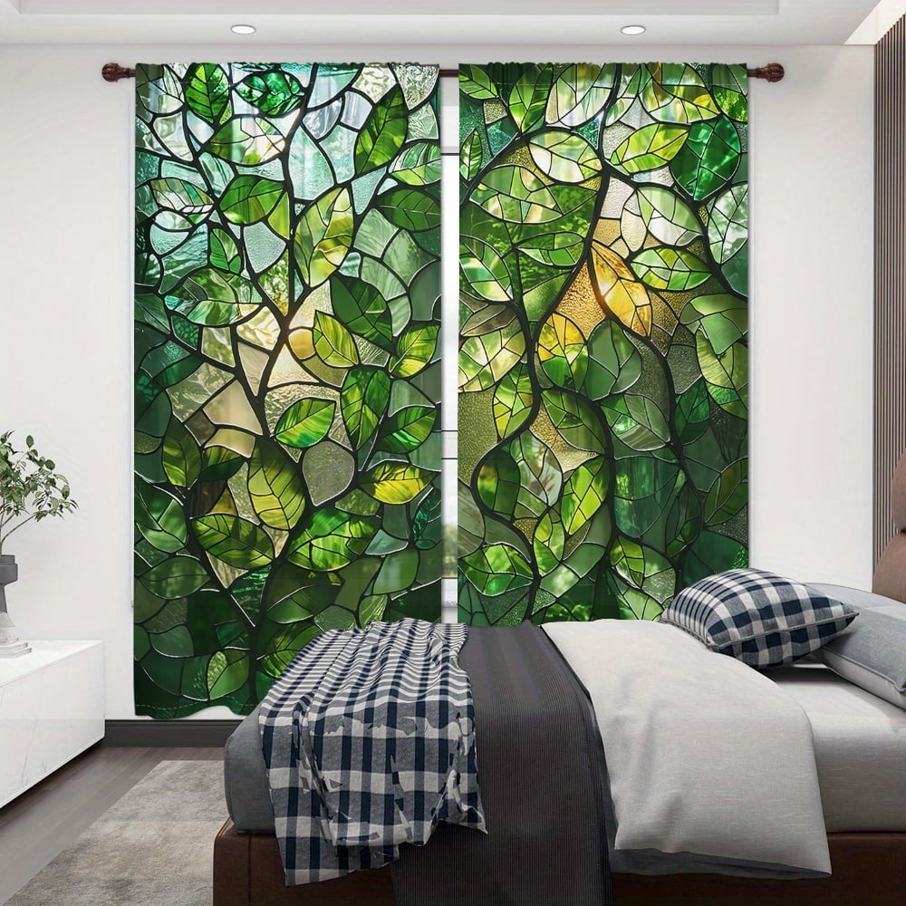 WNOOHIY Nordic Style Retro Green Leaf Stain Glass Light-filtering ...