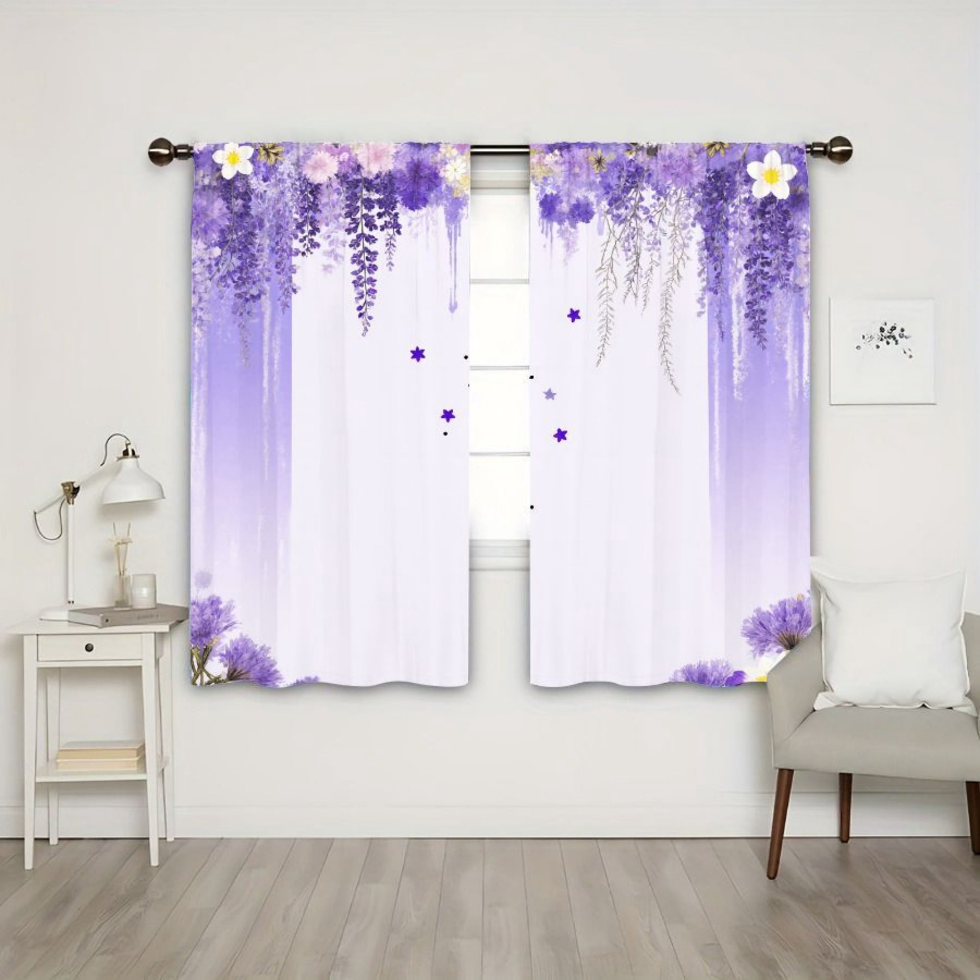 WNOOHIY Purple Wisteria Floral Pattern Light Filtering Curtain Panels ...