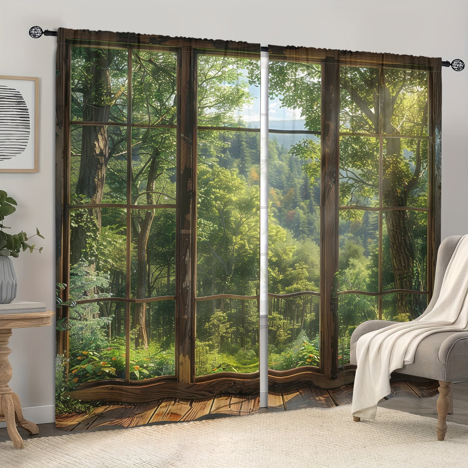 WNOOHIY Realistic Wooden Window Frame Design Forest View Light ...