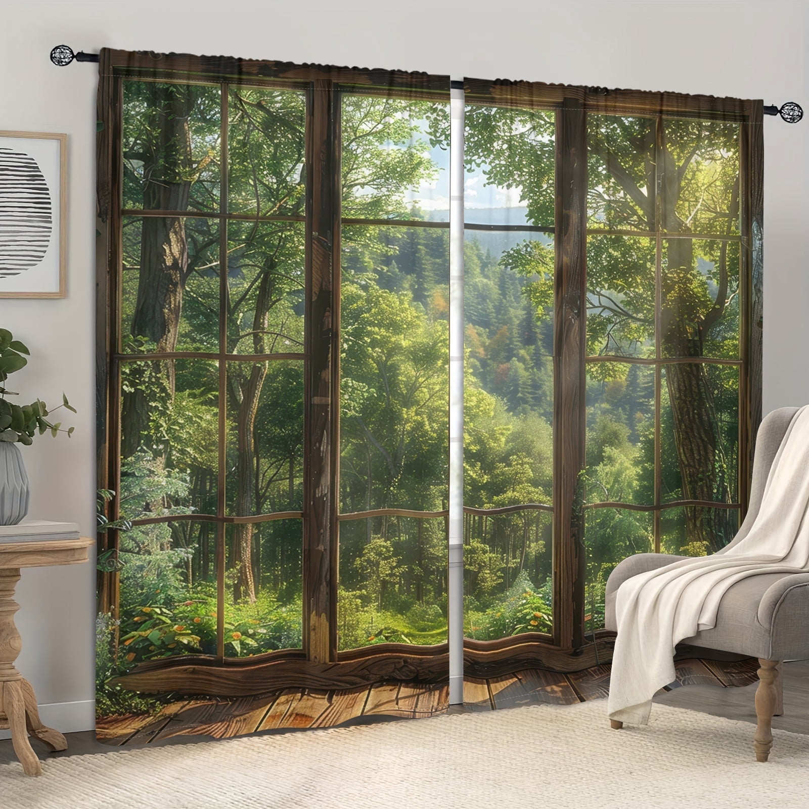 WNOOHIY Realistic Wooden Window Frame Design Forest View Light ...
