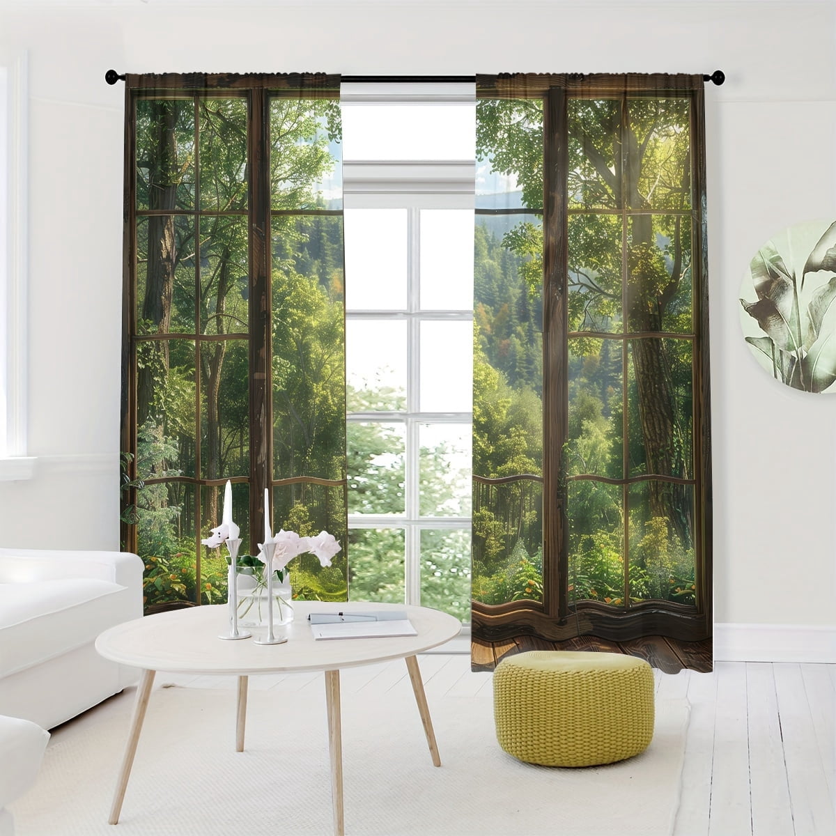 WNOOHIY Realistic Wooden Window Frame Design Forest View Light ...