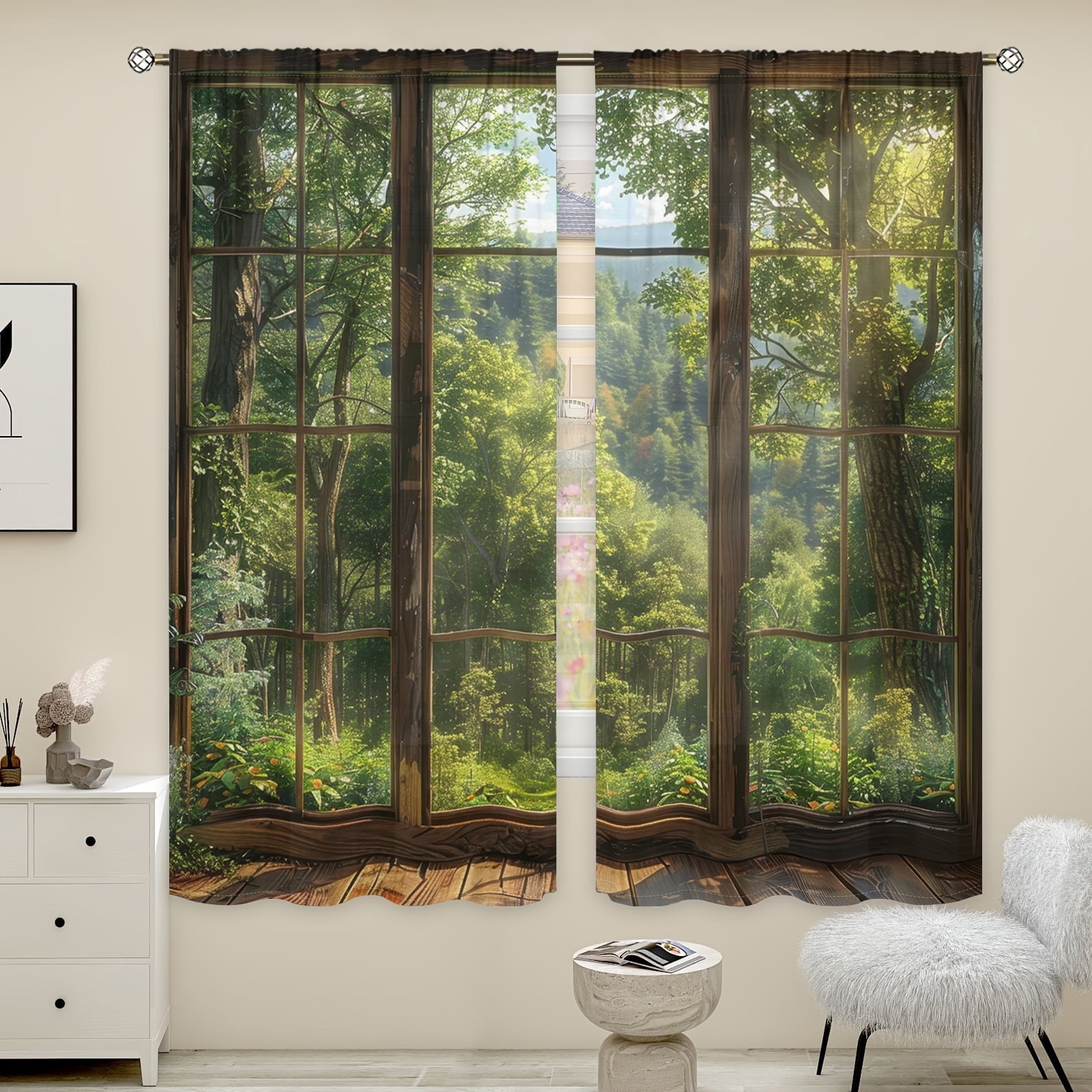 WNOOHIY Realistic Wooden Window Frame Design Forest View Light ...