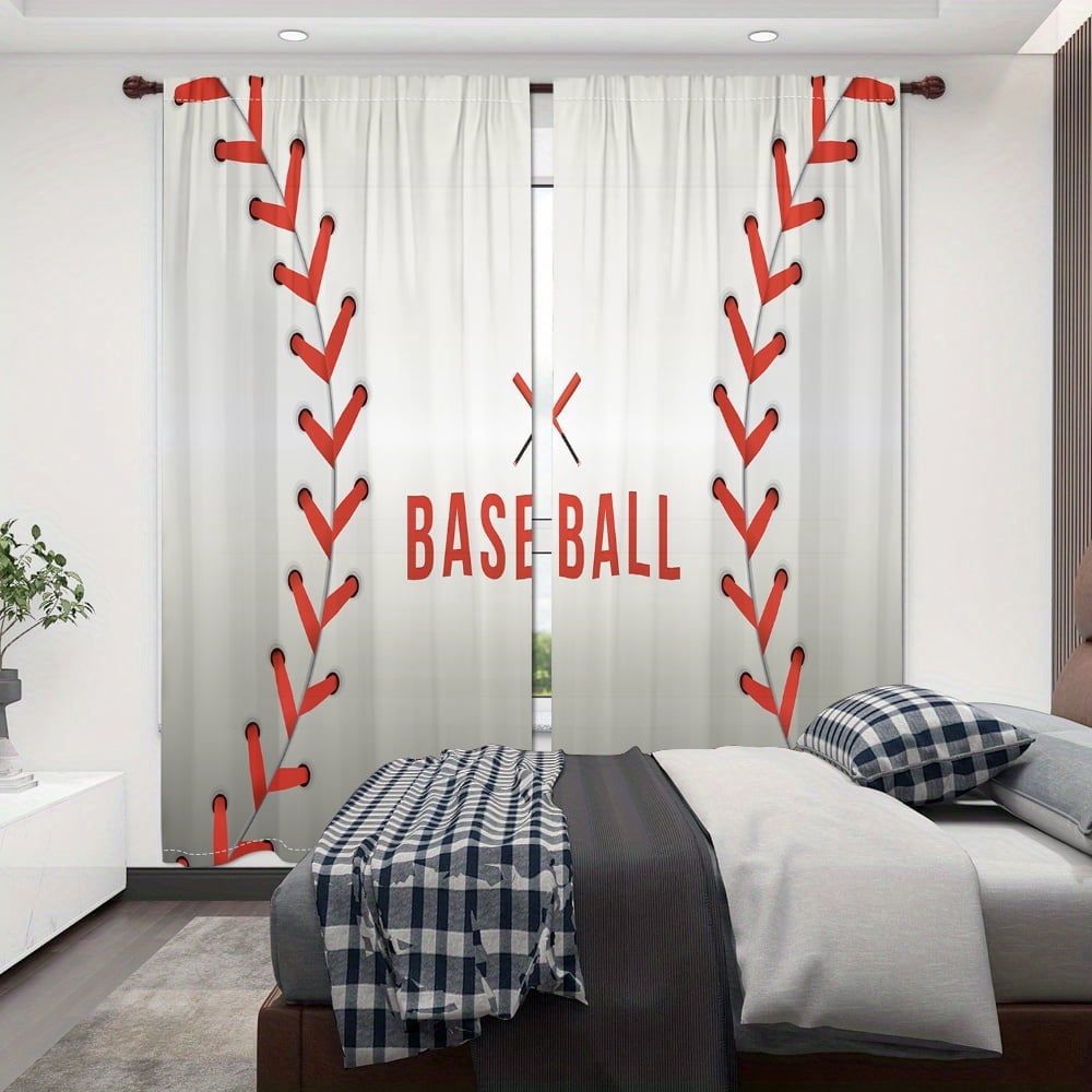 WNOOHIY Red White Baseball Sports Decorating Rod Pocket Curtains For ...