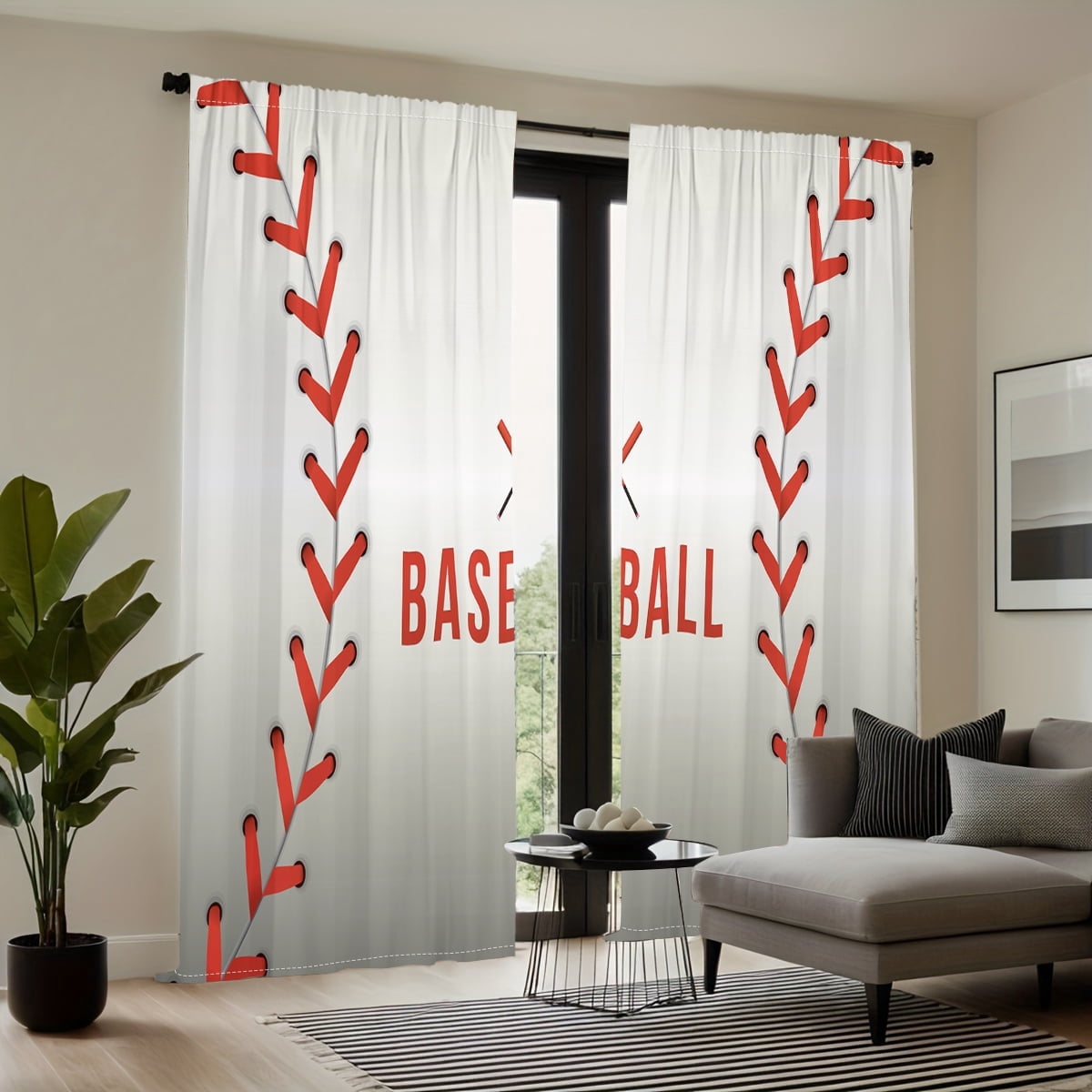 WNOOHIY Red White Baseball Sports Decorating Rod Pocket Curtains For ...