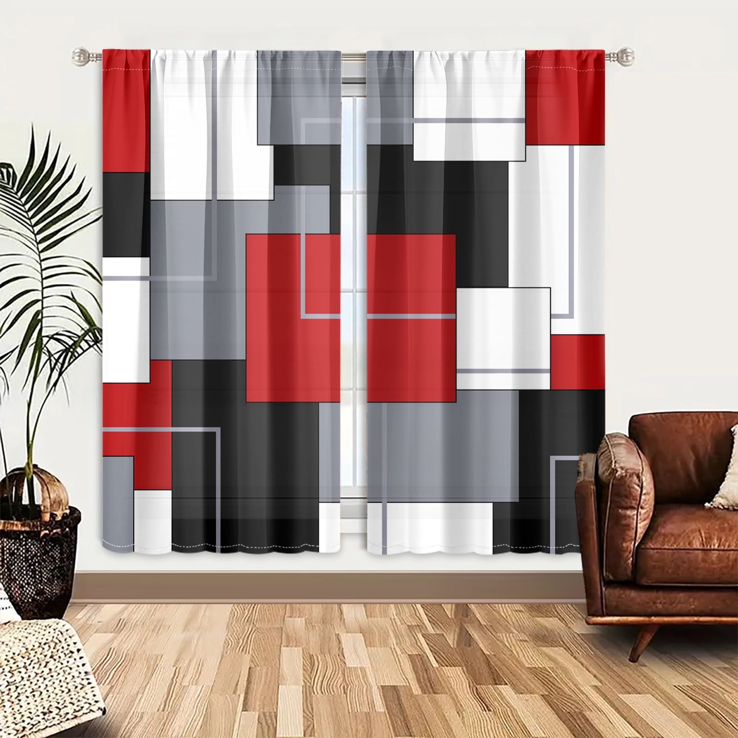 WNOOHIY Red White Black Plaid Patterned Window Curtains for Bedroom and ...