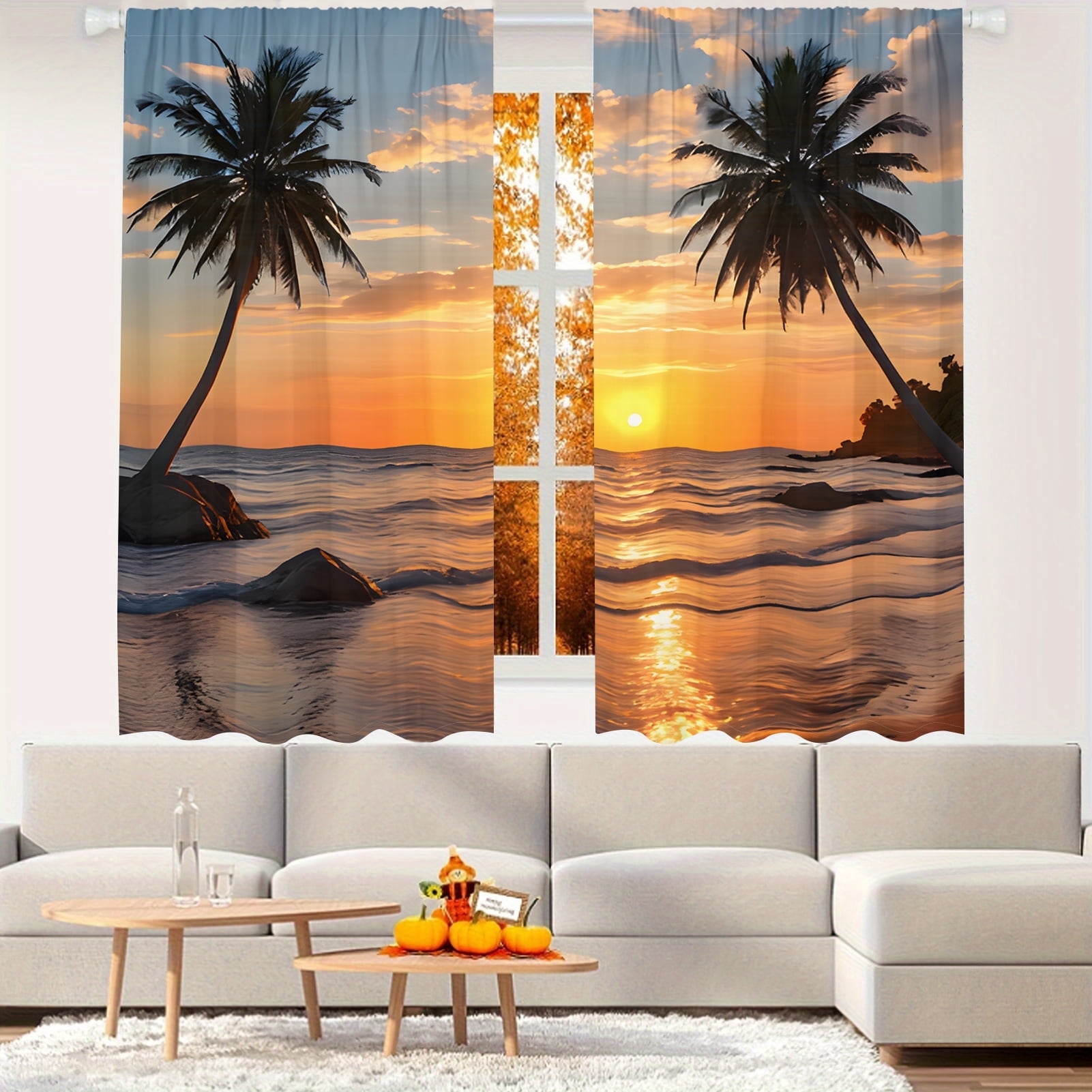 WNOOHIY Tropical Style Beach Sunset Privacy Light-filtering Window ...
