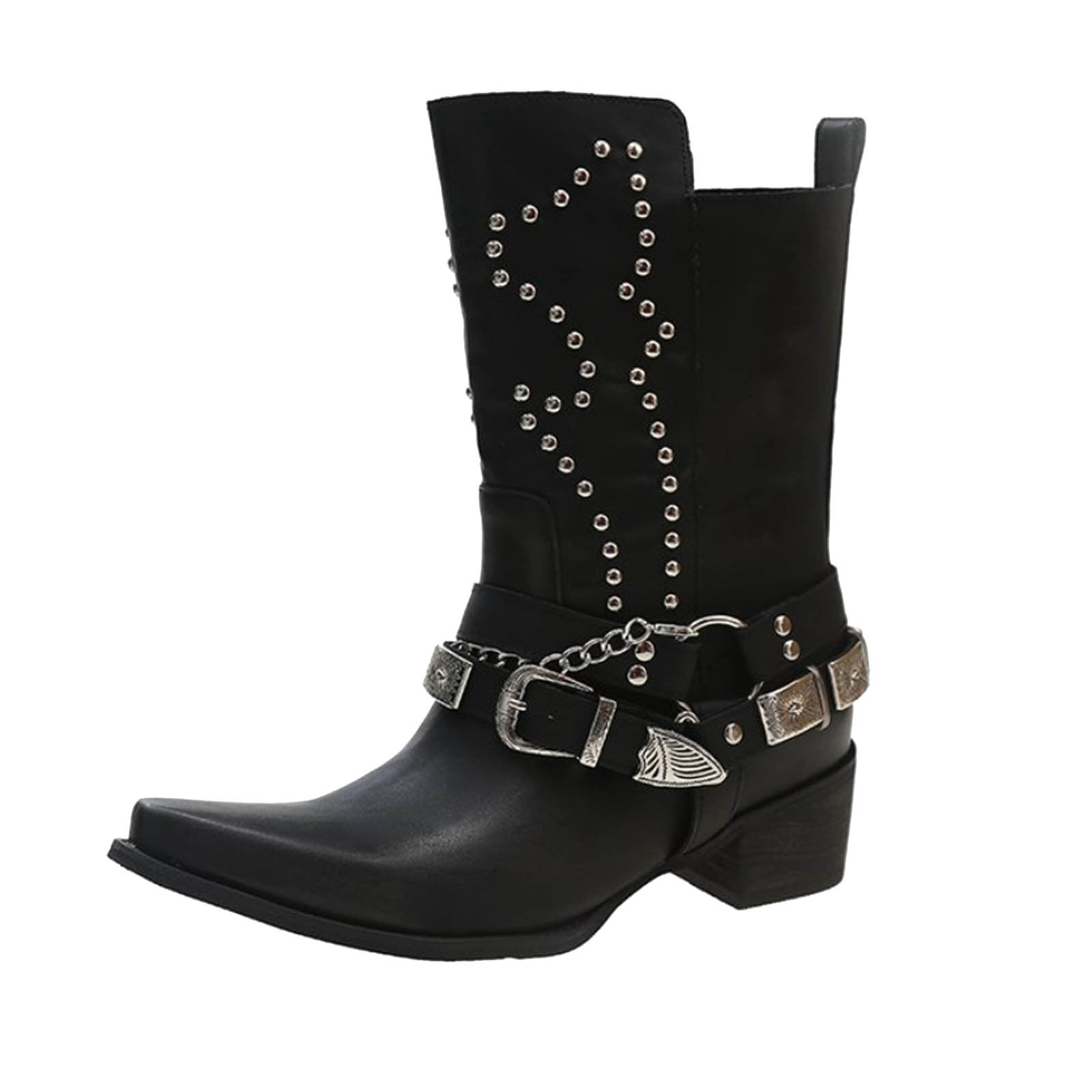 WNVMWI Boots for Women Punk Black Short Boots Metal Western Cowboy ...