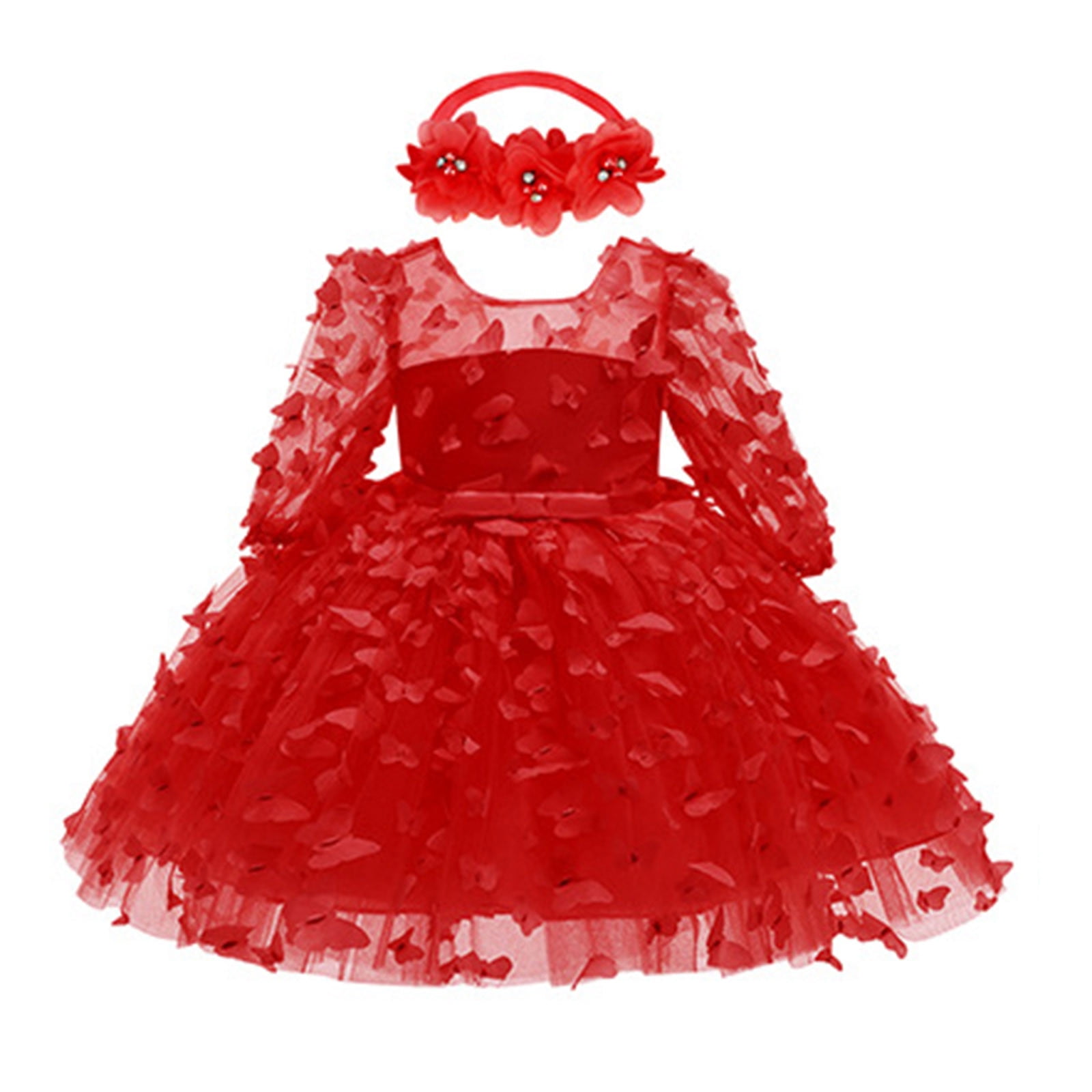 WNVMWI Children Dresses Red Girls Dress Long Sleeve Flower Prints ...