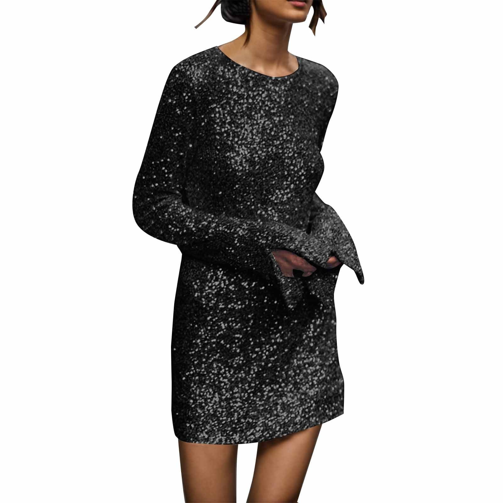 WNVMWI Dresses for Women Sequin Solid Color Mini Dress Long Sleeve ...