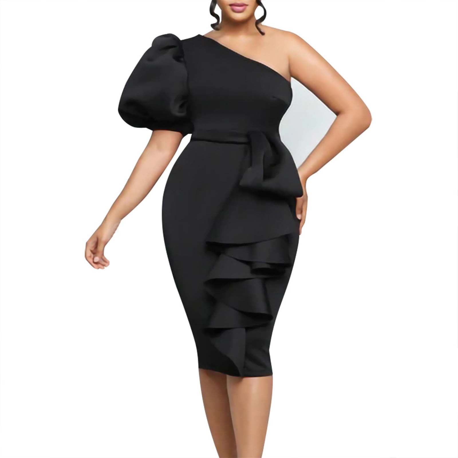 WNVMWI Formal Dresses for Women Slanted Shoulder Puff Sleeve Wrap Long ...
