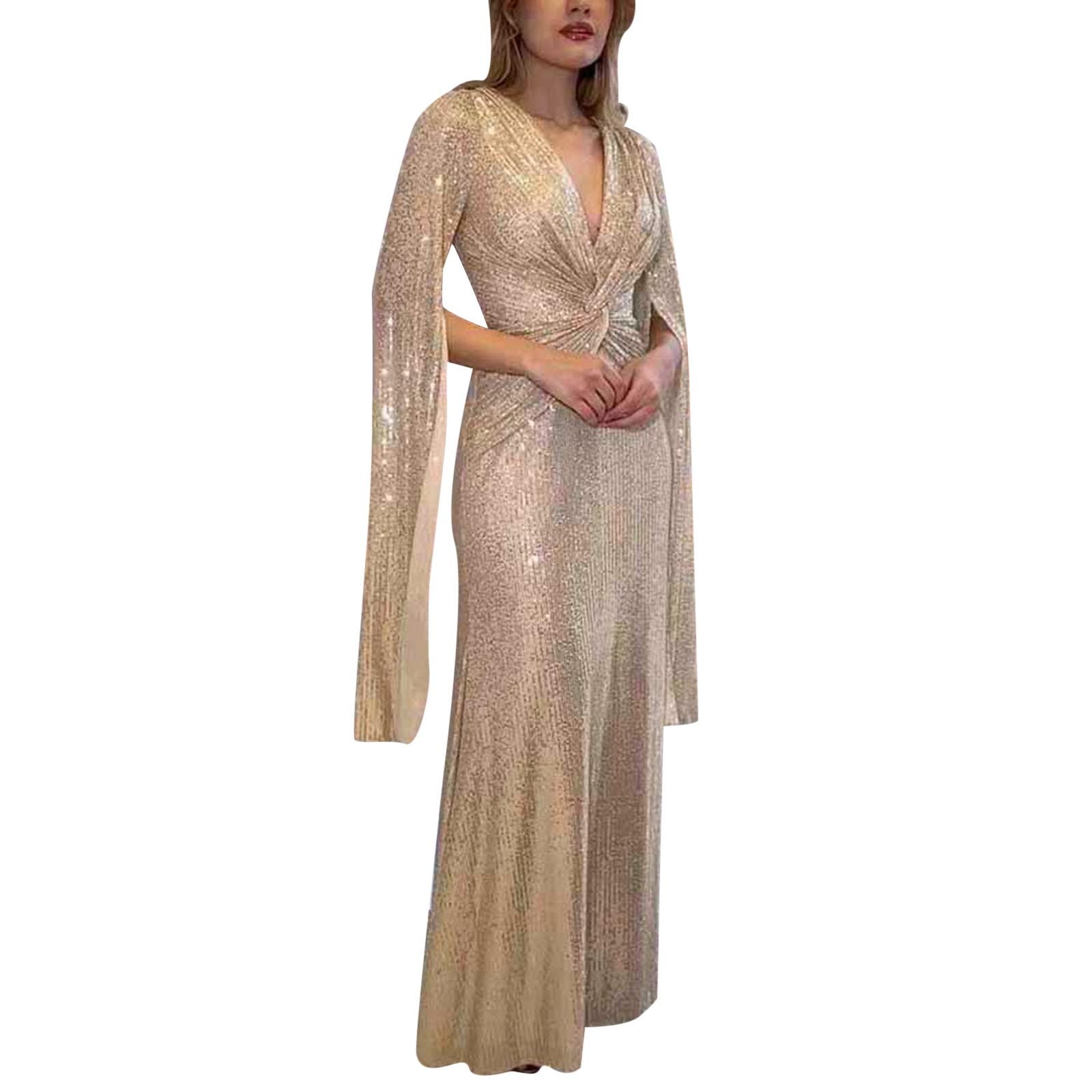 WNVMWI Formal Dresses for Women V Neck Sequin Long Sleeve Evening Gown ...