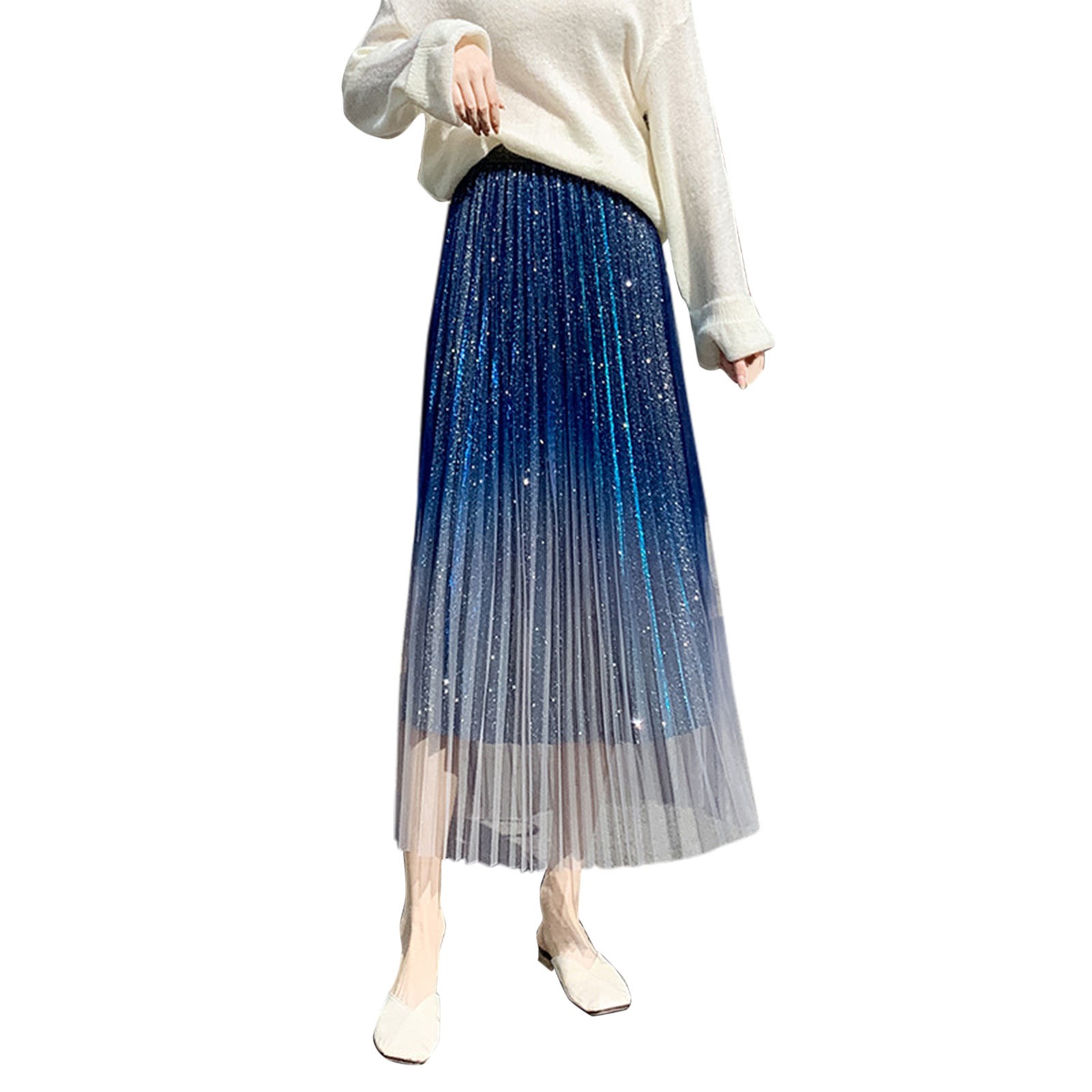 WNVMWI Maxi Skirts for Women Gradient Shiny Mesh Hem Skirt A Line ...