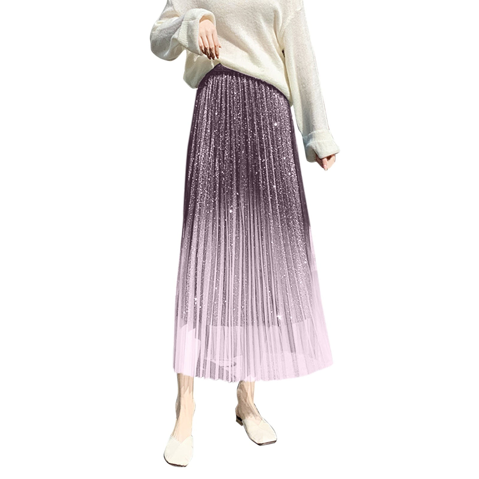 WNVMWI Maxi Skirts for Women Gradient Shiny Mesh Hem Skirt A Line ...