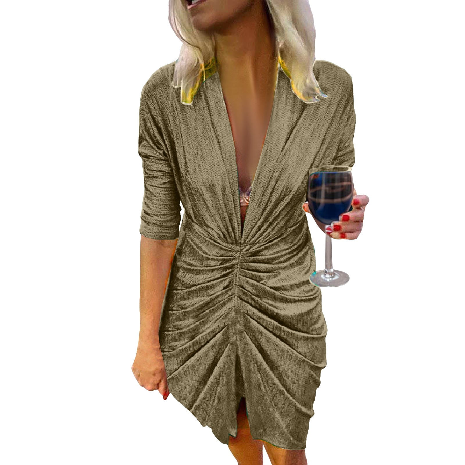 WNVMWI Sequin Dresses for Women Pleated V Neck Slim Fitting Sexy Solid ...