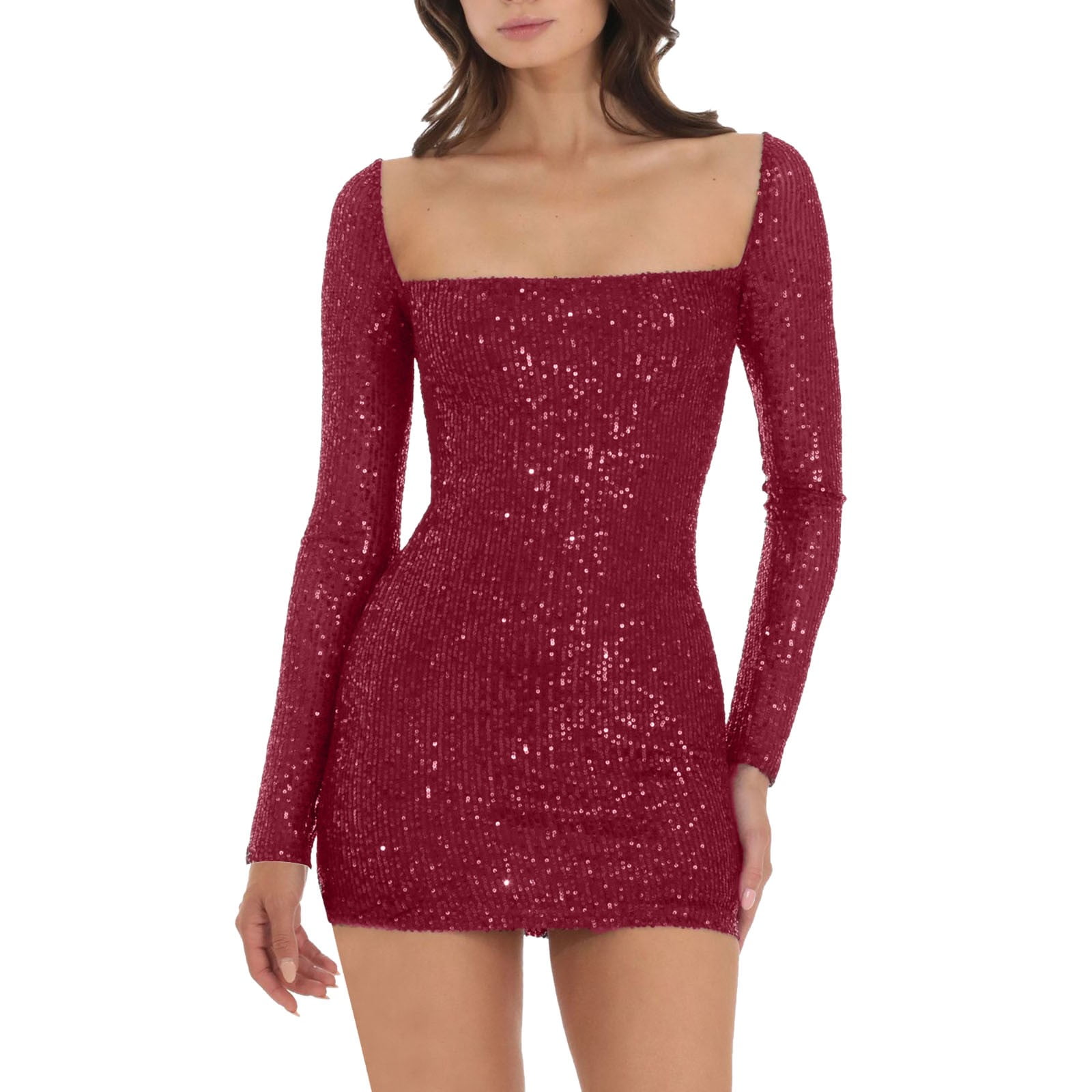 WNVMWI Sparkly Dresses for Women Sequin Long Sleeve Square Neck Glitter ...