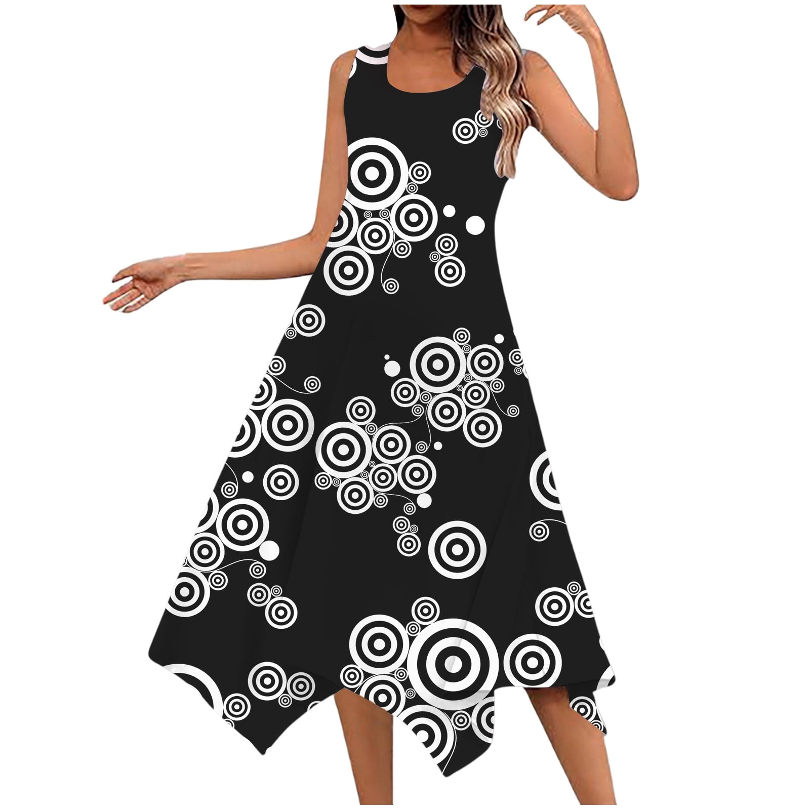 Wnvmwi Summer Dress For Women 2024 Black Womens Casual Print Sleeveless Dress Handkerchief Hem