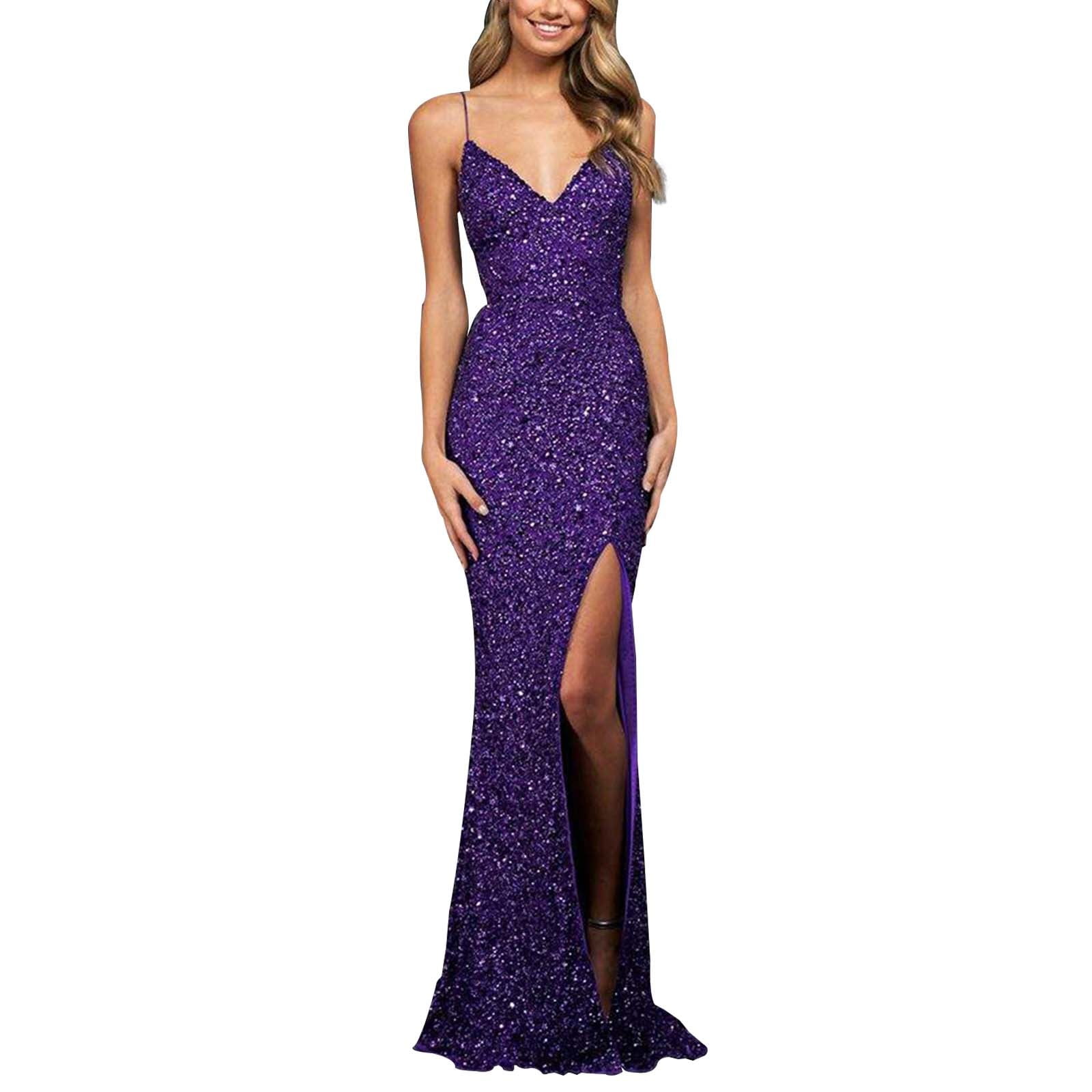 WNVMWI Women Dress Solid Color Elegant Sequin Backless Maxi Dress Split ...
