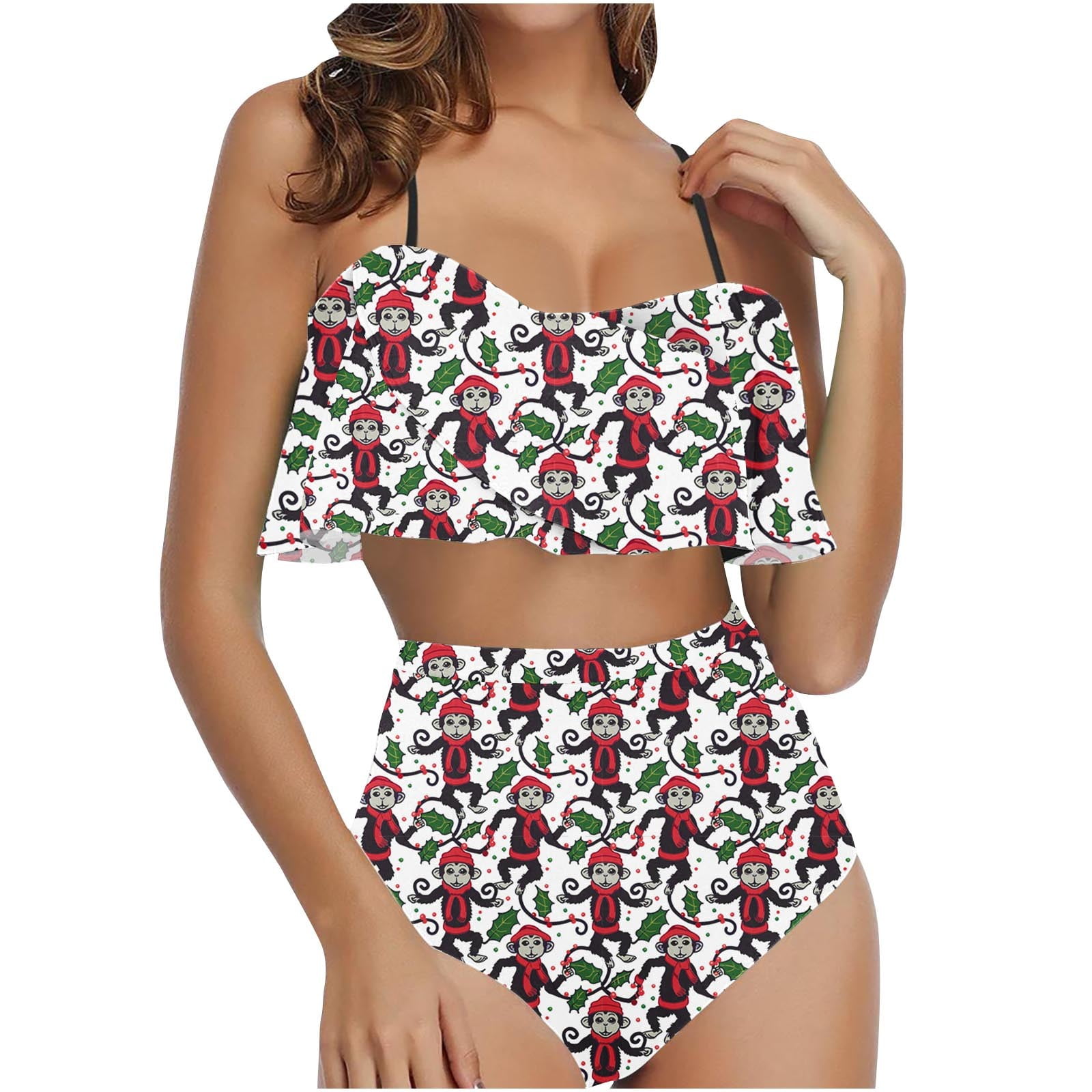 Wnyeime Womens 2 Piece Ruffle Bikini Sets Spaghetti Straps Push Up