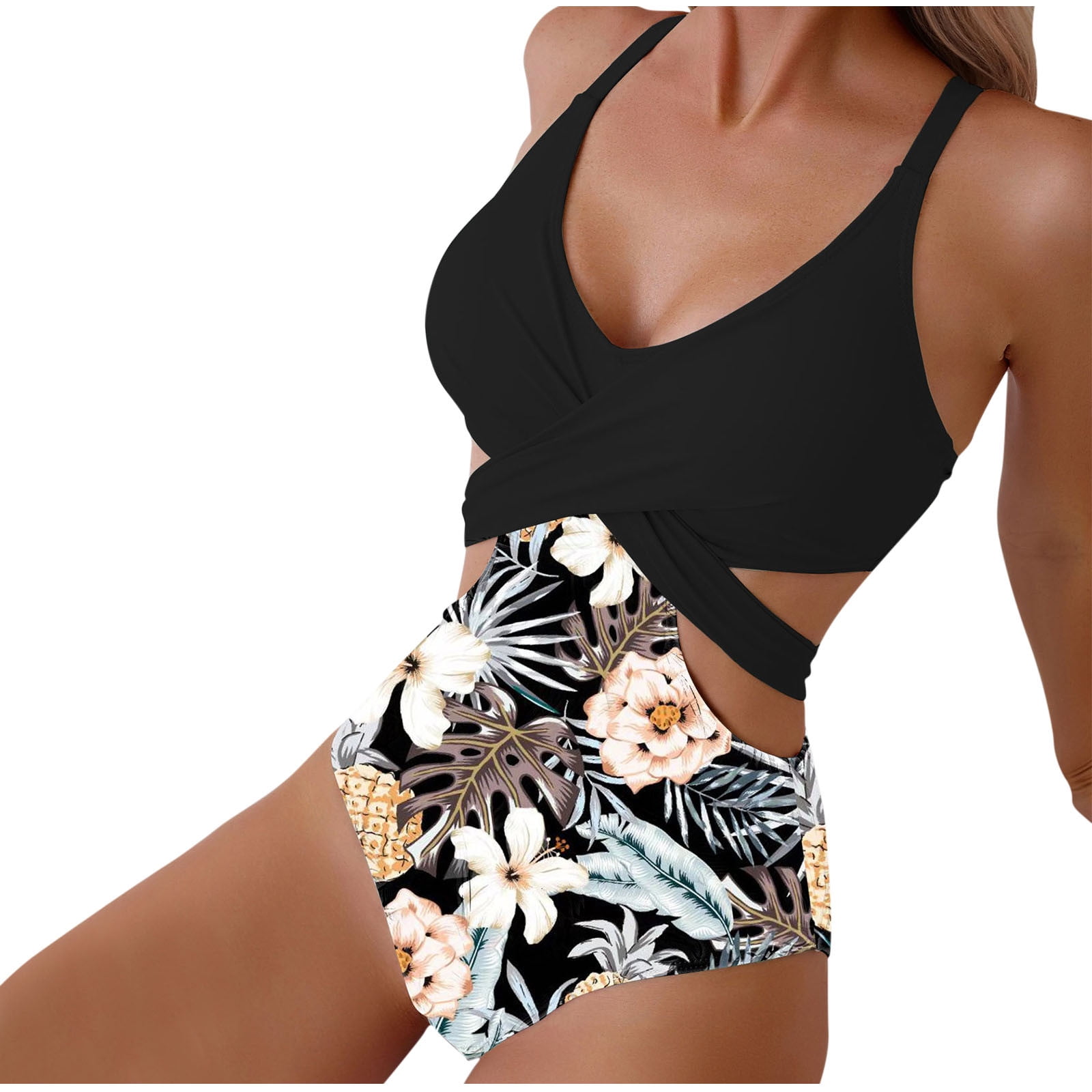 Wnyeime Womens Cutout Cross Tie Back One Piece Swimsuit Tropical Plant