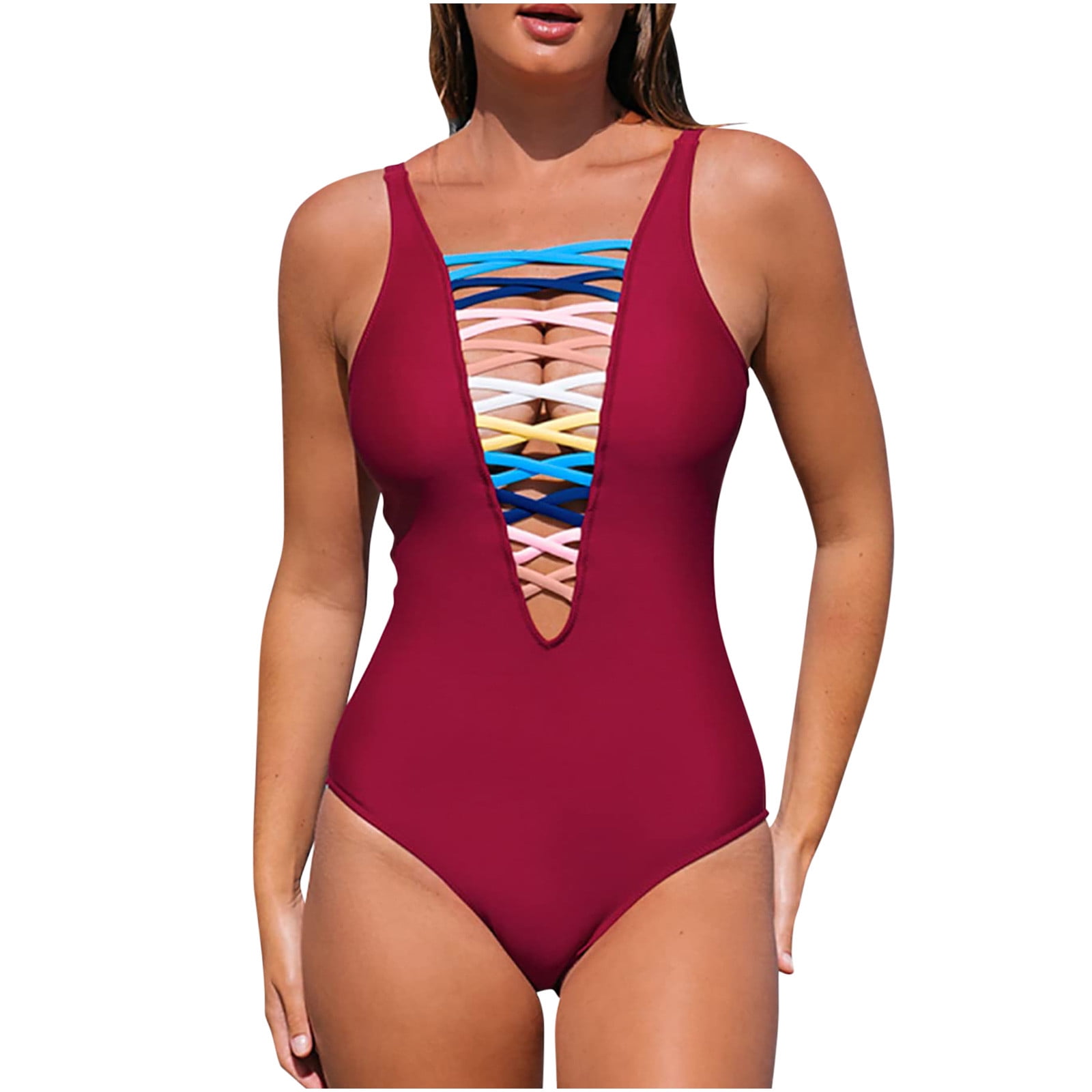 Wnyeime Womens One Piece Swimsuit Cross Criss Deep V Neck Sexy Tummy