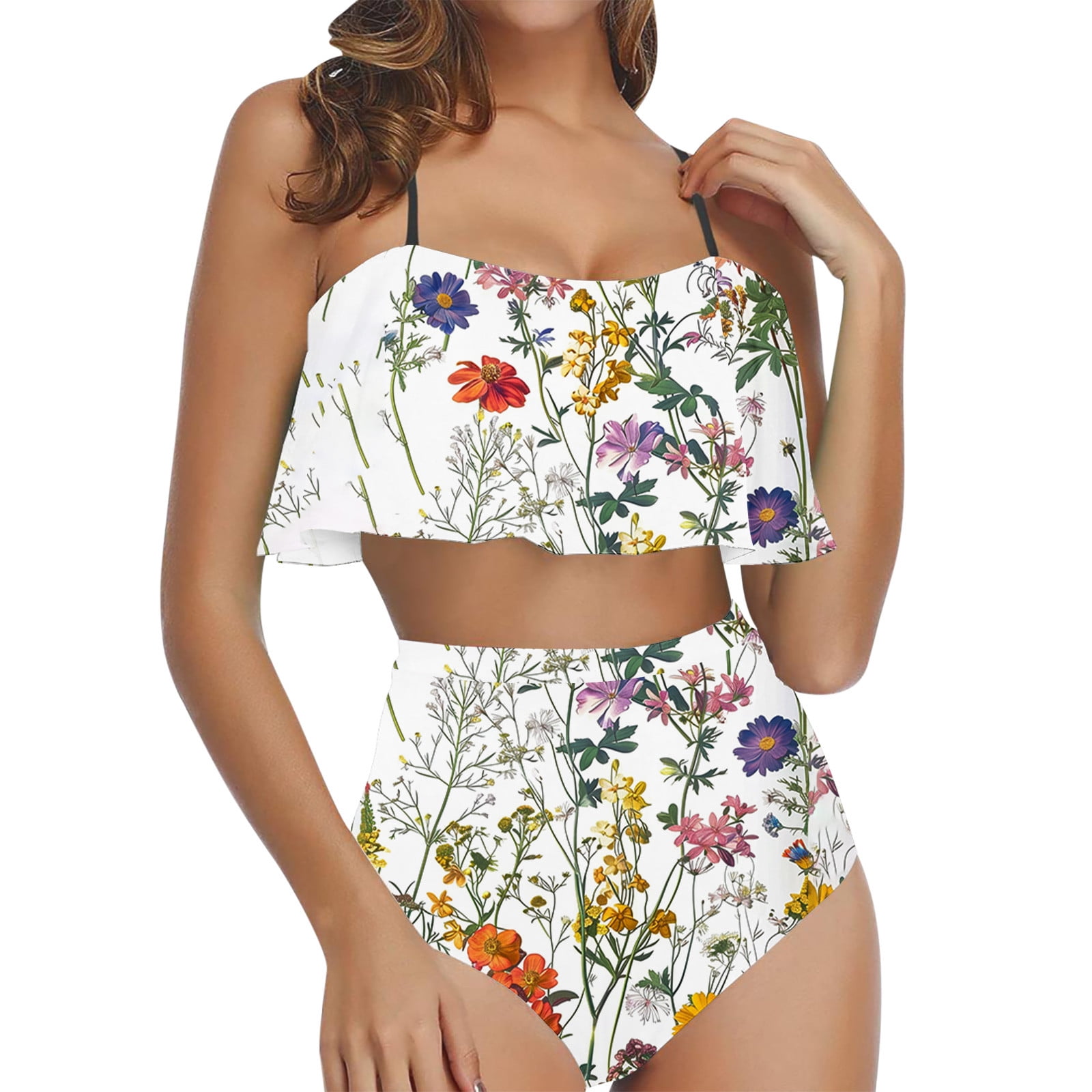 Wnyeime Womens High Waisted Bikini Swimsuits Ruffle Two Piece Bathing