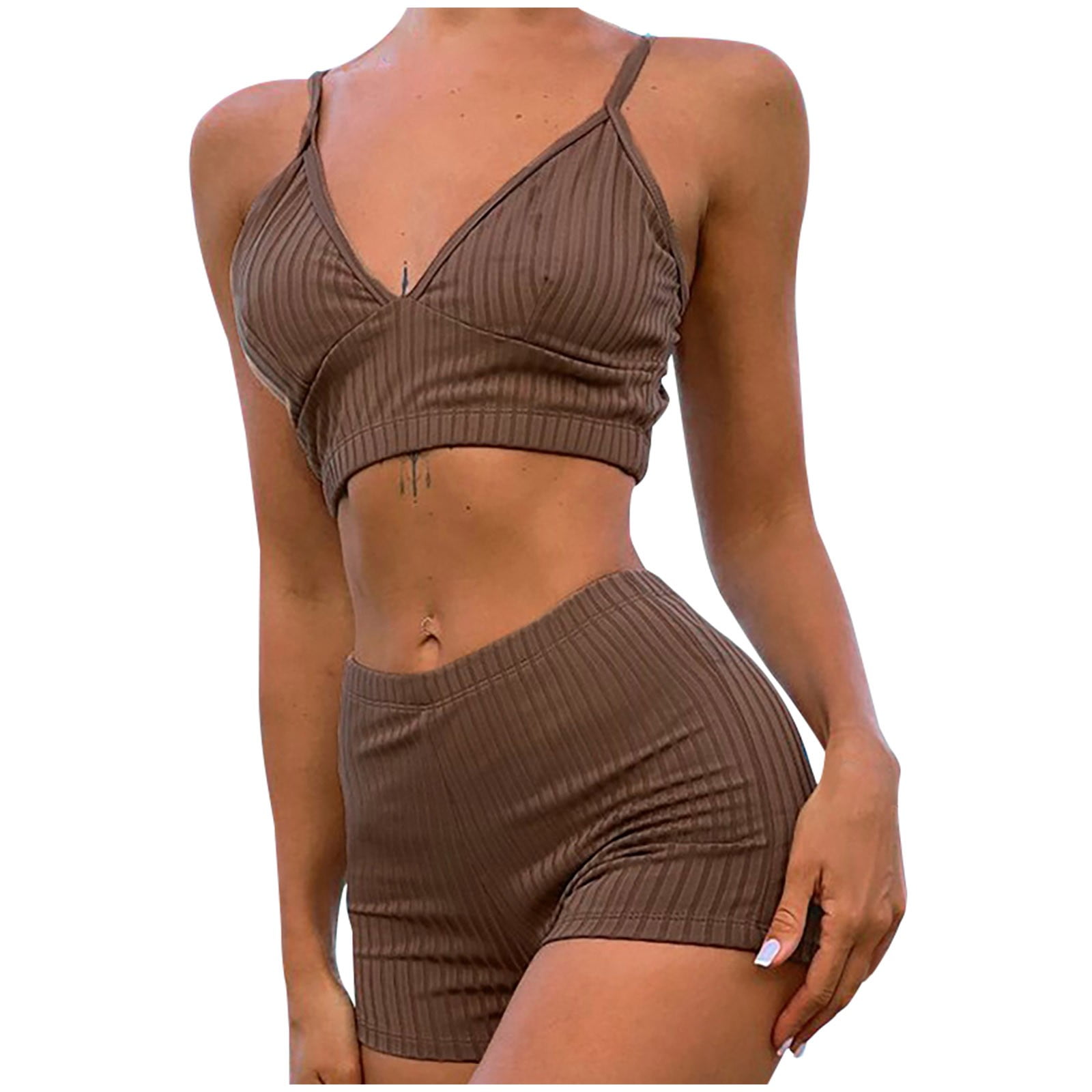 Wnyeime Womens High Waisted Two Piece Swimsuits Ribbed Spaghetti Straps