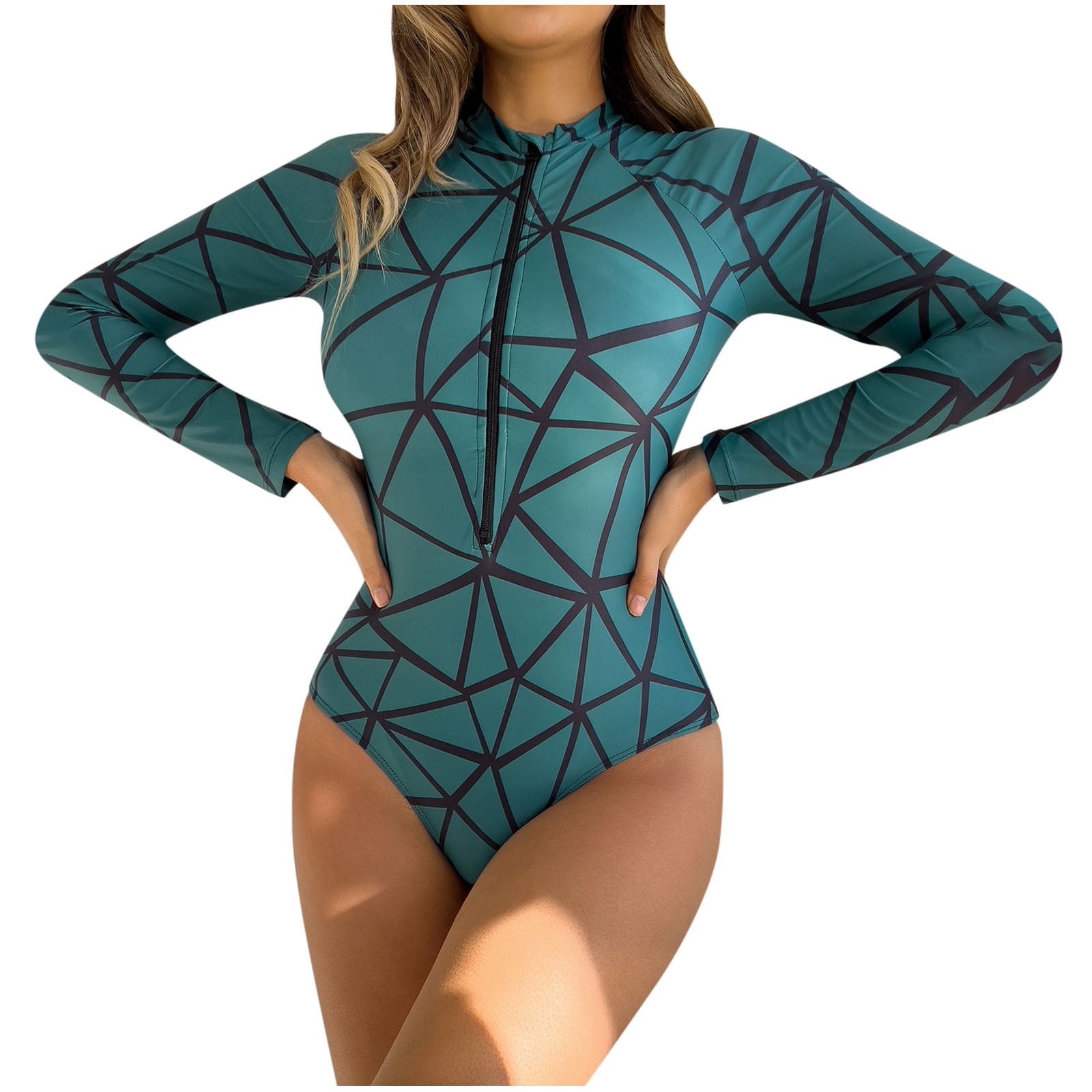 Wnyeime Womens Long Sleeve One Piece Swimsuit Zipper Stripe Printed