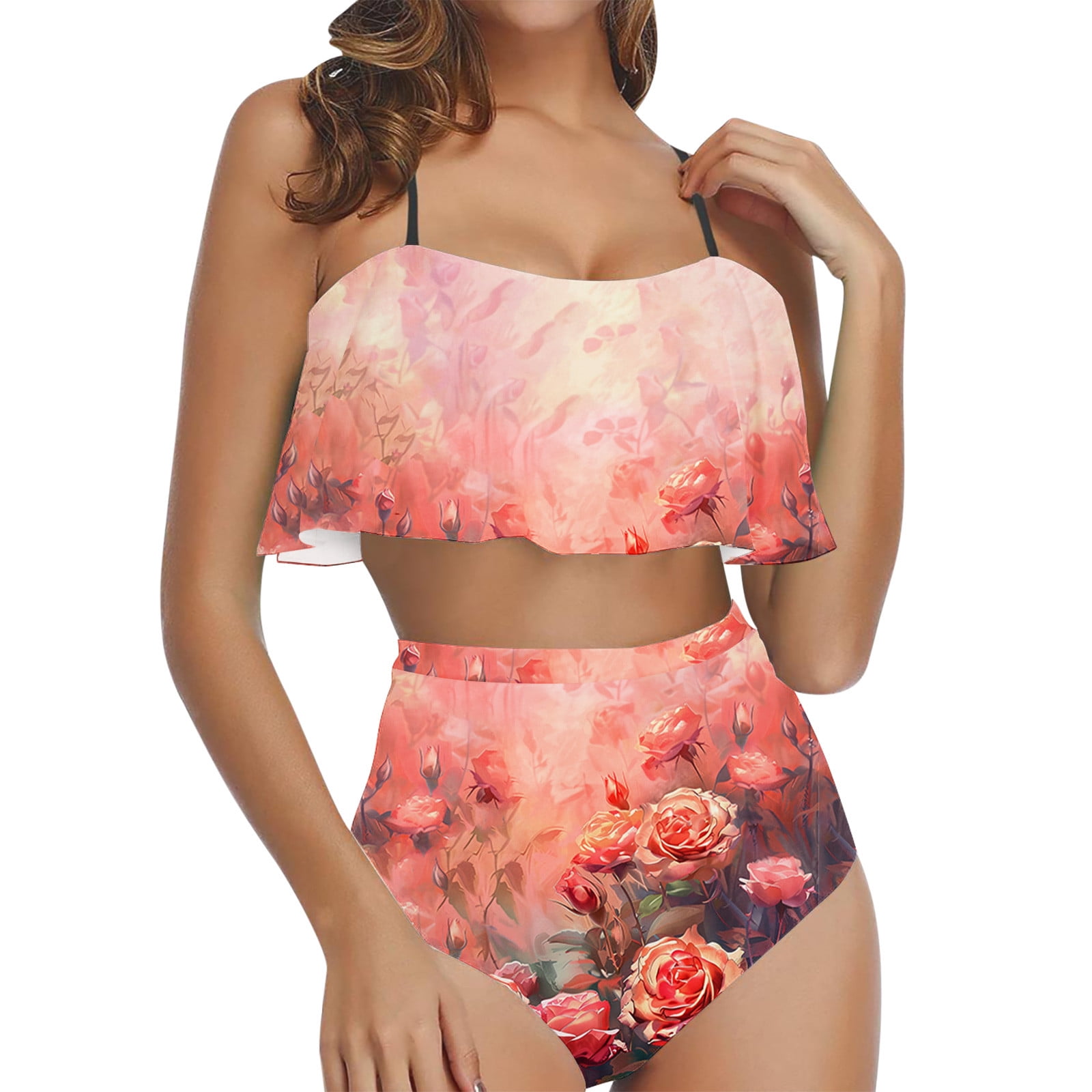 Wnyeime Womens Ruffled Two Piece Bikini Swimsuits Push Up Retro Floral