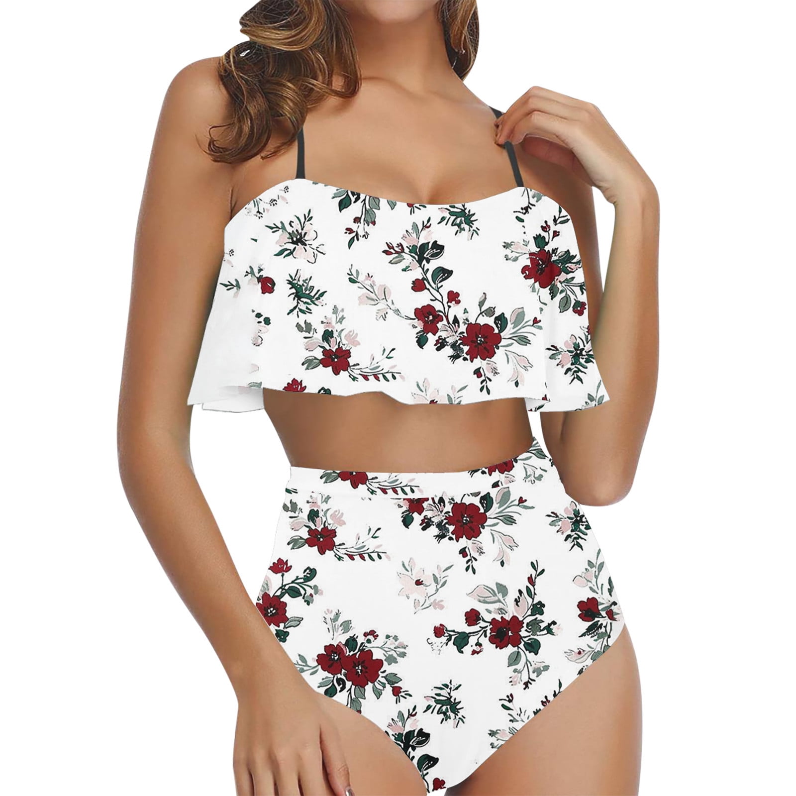 Wnyeime Womens Ruffled Two Piece Bikini Swimsuits Push Up Retro Floral