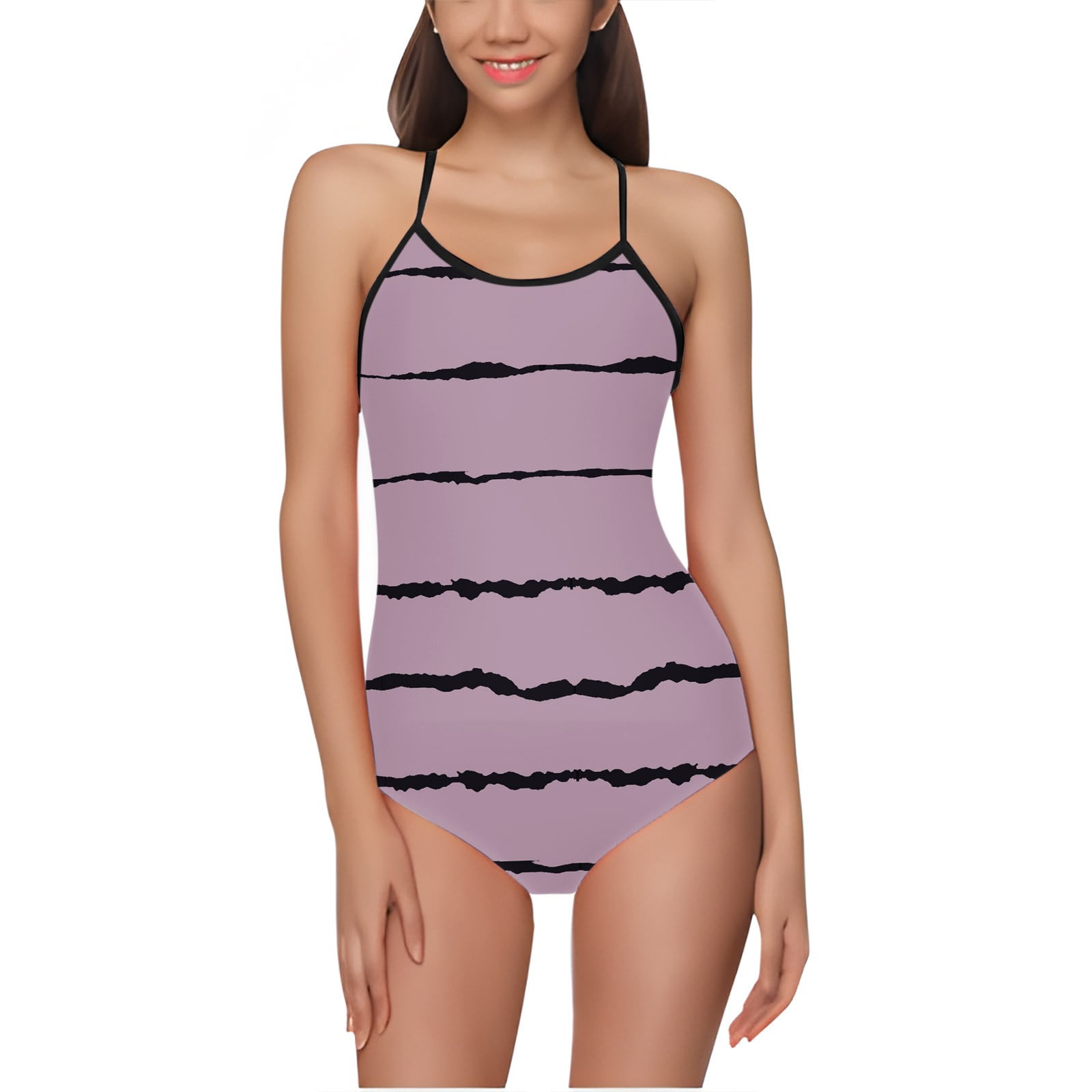 Wnyeime Womens Stripe Printed Swimsuit One Piece Tummy Control Bathing