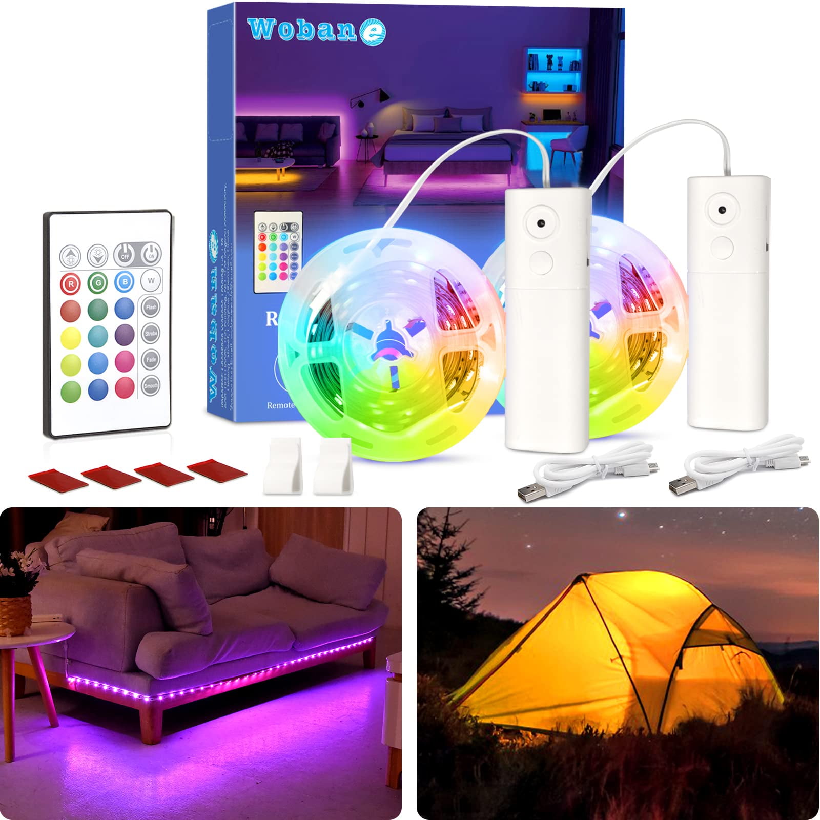 WOBANE 2PCS Rechargeable LED Strip Lights,Dimmable RGB Rope Lighting ...
