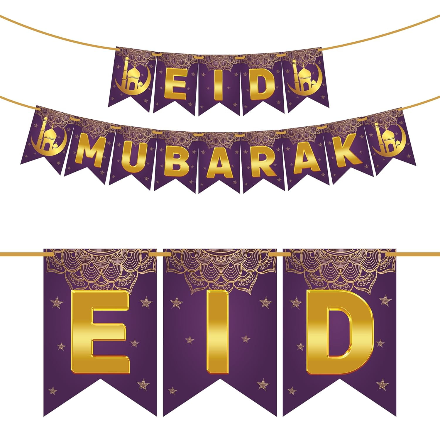 WOBBOX Eid Mubarak Purple Golden Color Bunting Banner Ramadan ...