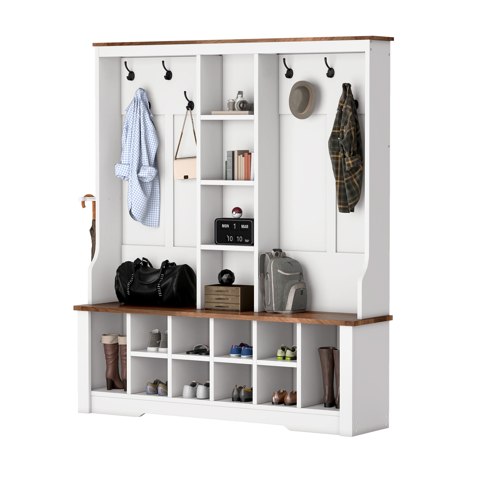 WOBLUU 59" Wide Hall Tree with Bench and Storage for Hallway Entryway ...