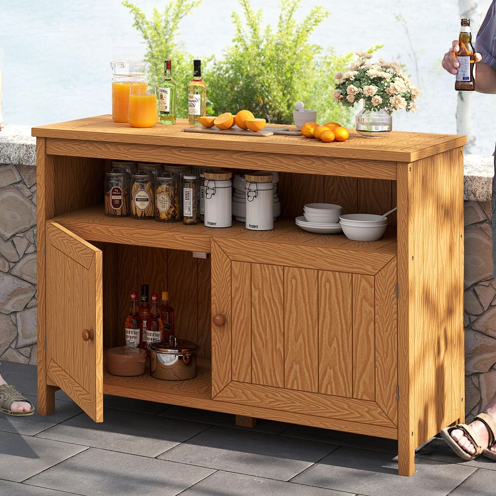 WOBLUU Poly Lumber Patio Counter Table Buffet Cabinet with Storage ...