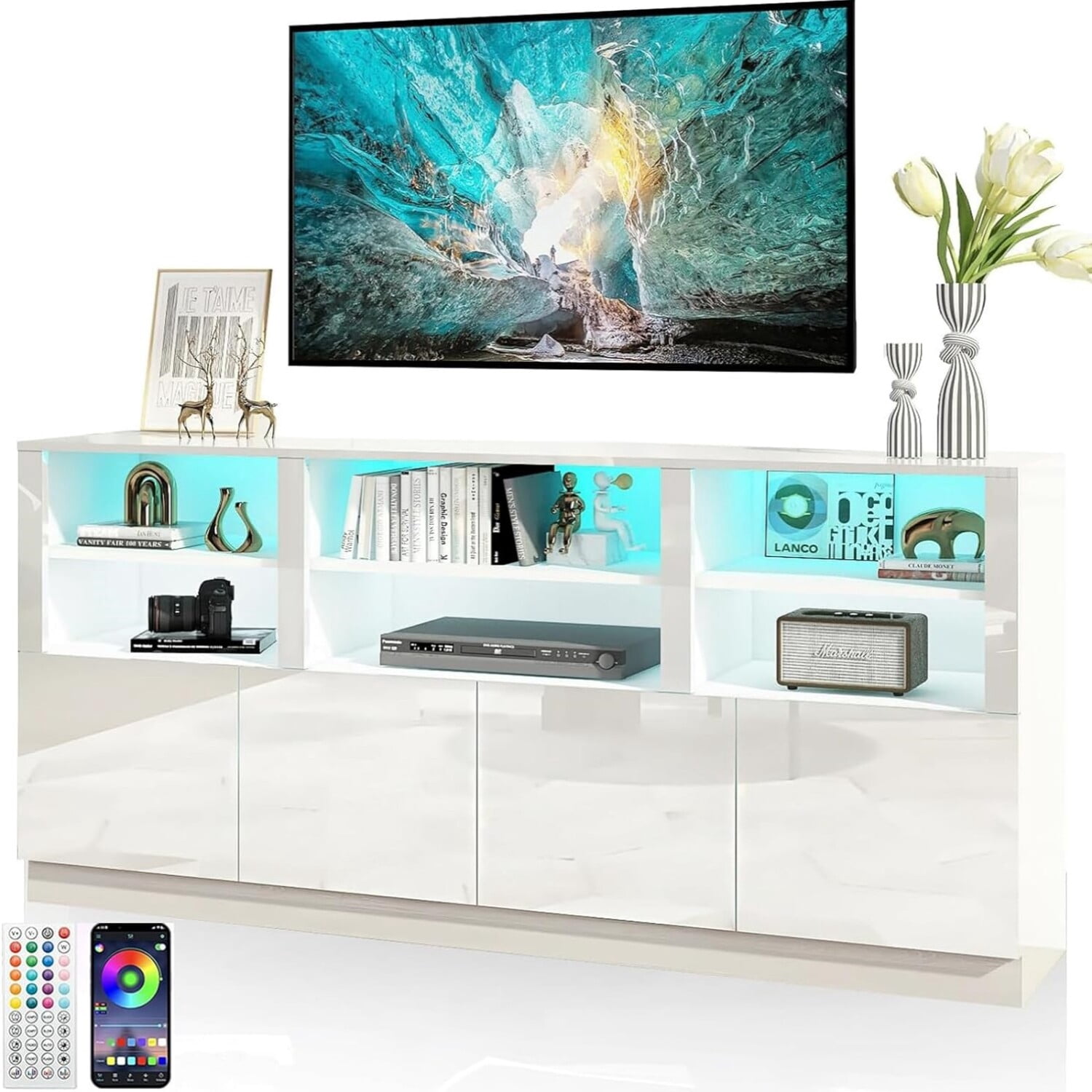 WOBLUU Stunning 70" High Gloss TV Stand with Built - in LED Lights ...