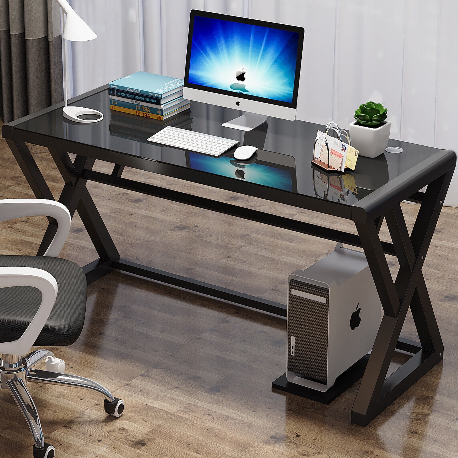 WOBLUU Tempered Glass Computer Desk Writing Study Table PC Laptop Desks ...