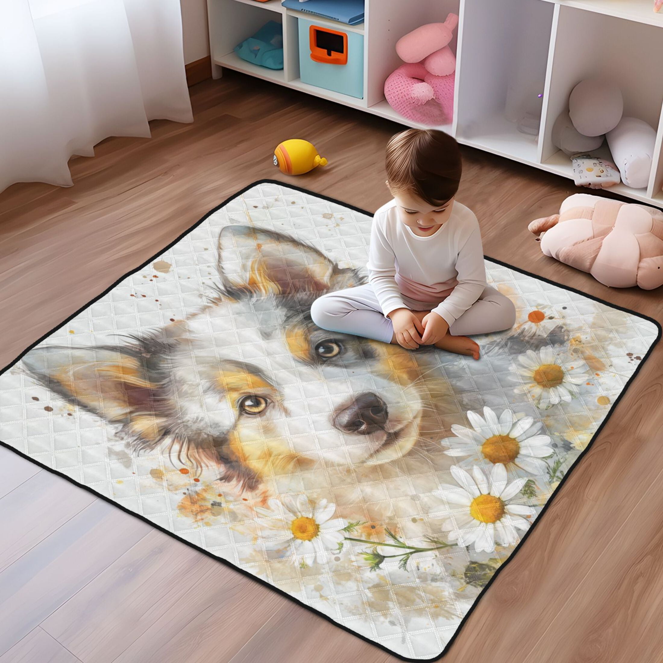WOBOGO A Cute Border Collie with Daisies Pattern Baby Playmats Extra ...