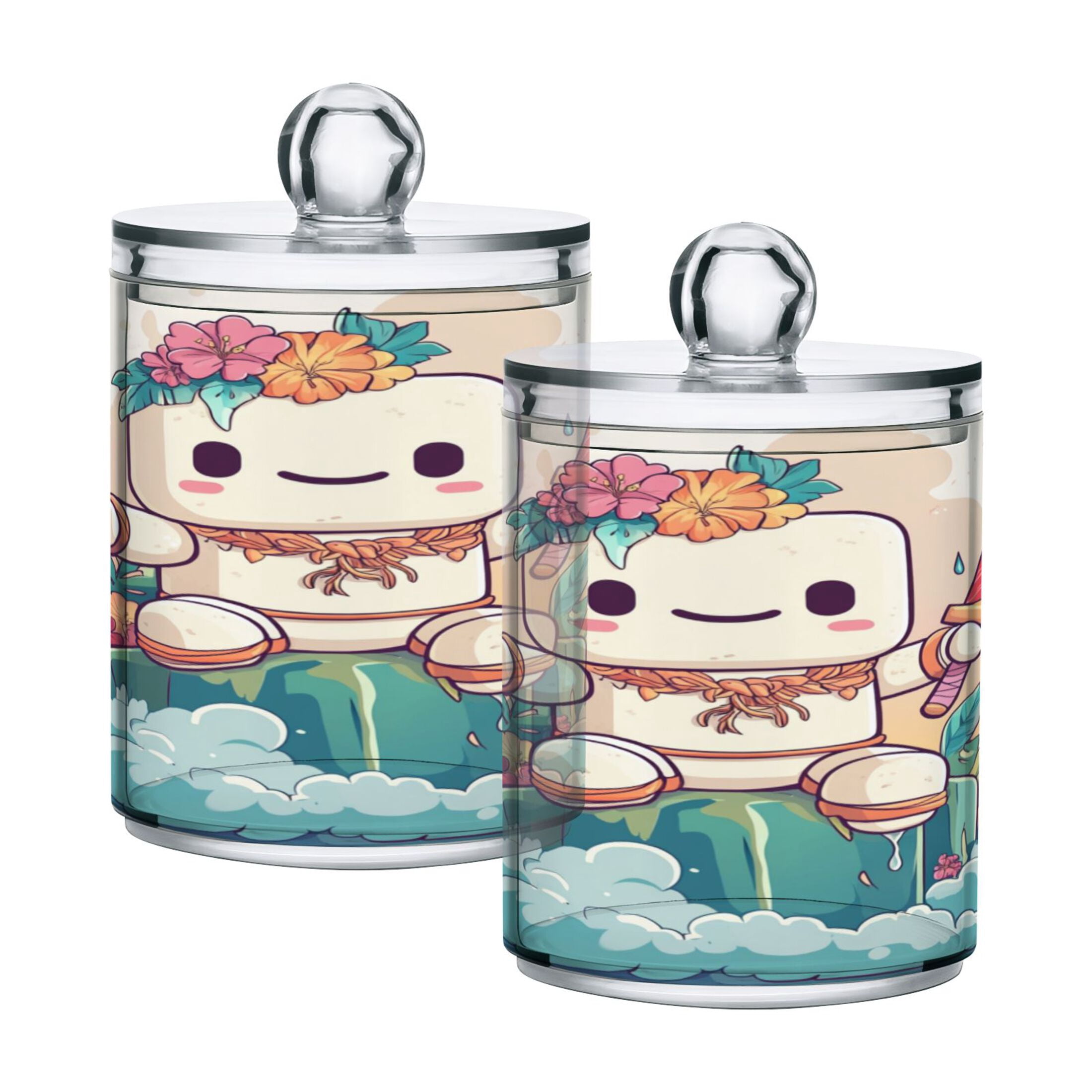 WOBOGO A Cute Marshmallow Man Transparent Plastic Jar 4pcs Cotton Swabs ...