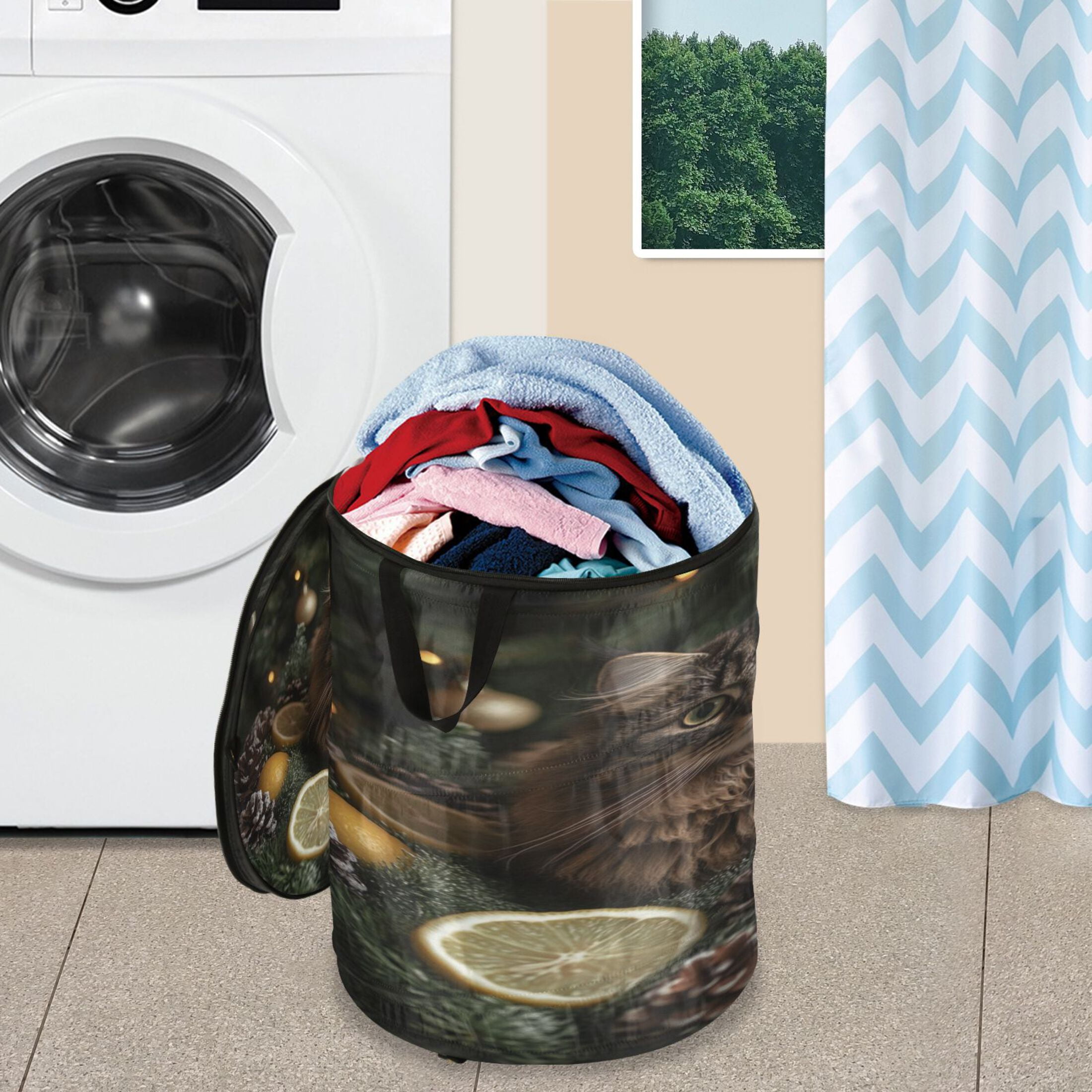 WOBOGO A Fluffy Cat Foldable Laundry Baskets with Carry Handle Zipper ...