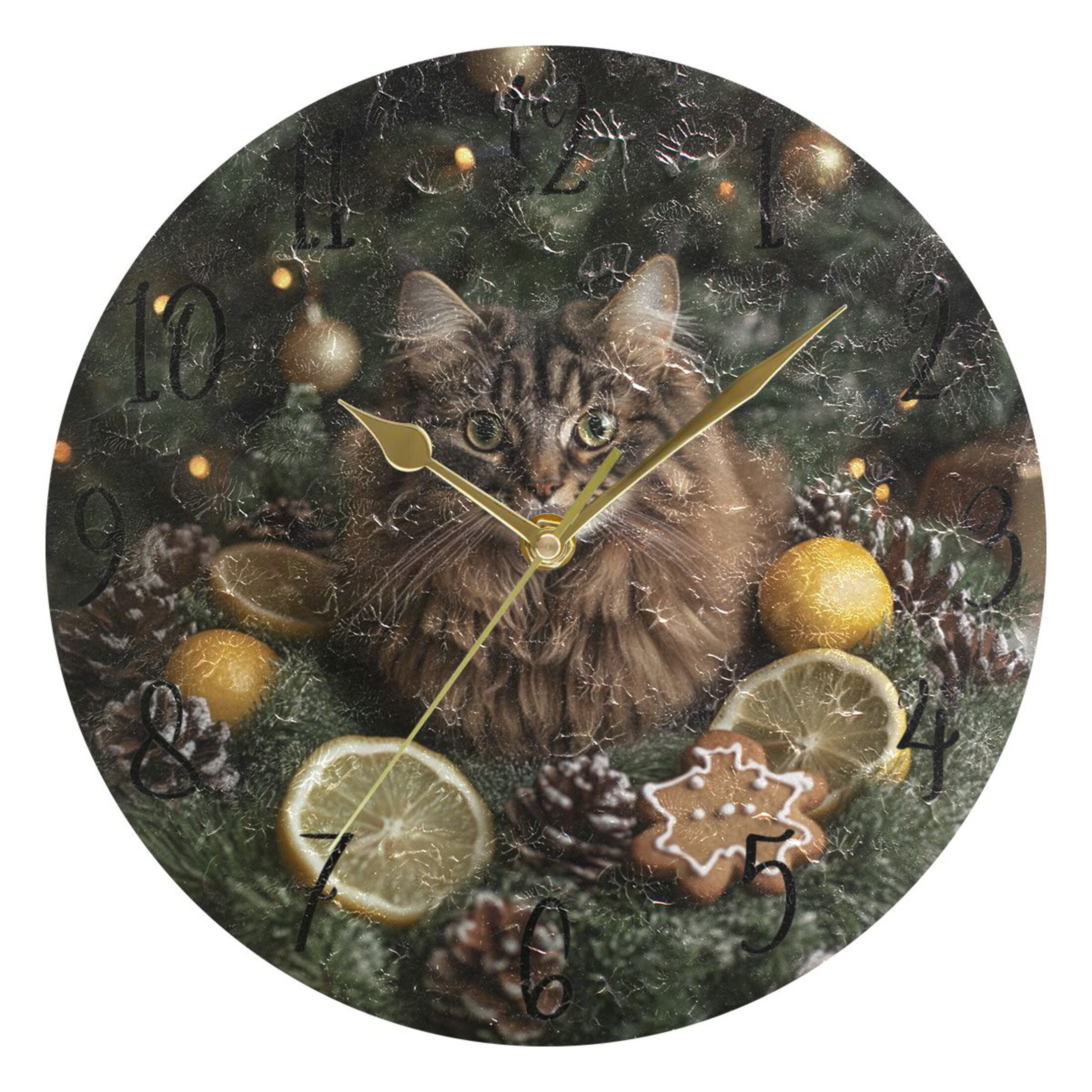 WOBOGO A Fluffy Cat Wall Clock 10in Silent Mechanism Battery Operated ...