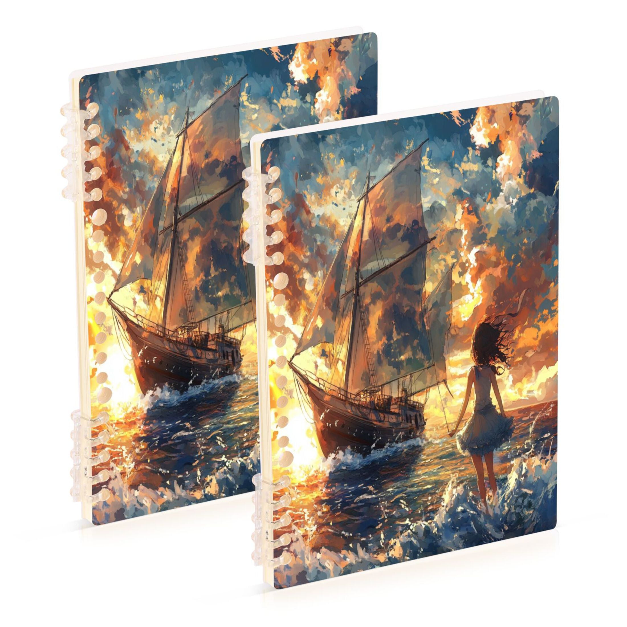 WOBOGO A Lass and Saiboat Notebook College Horizontal Grid Paper Ink ...