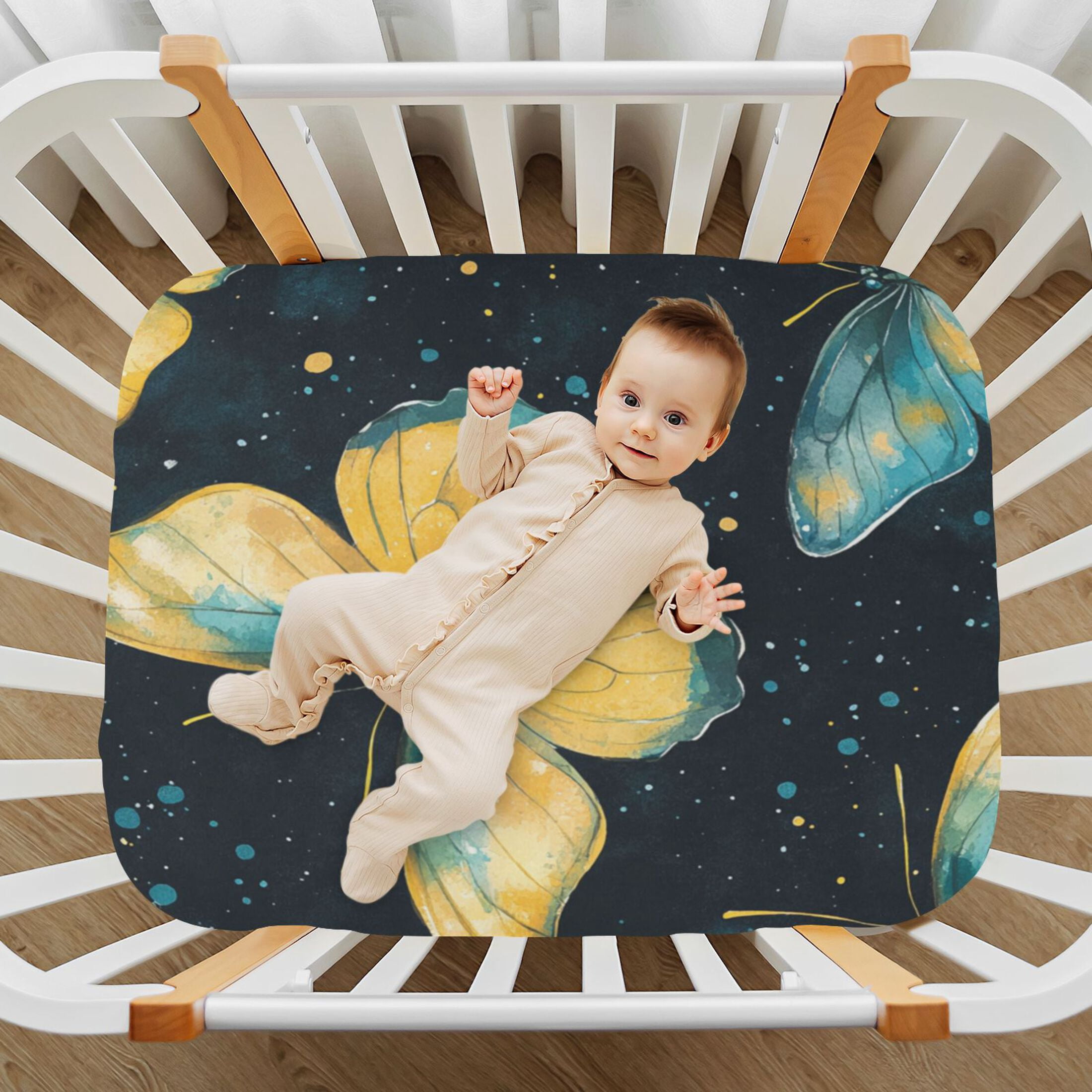 WOBOGO A Pattern Of Yellow Butterflies with Teal Wings Baby Crib Sheets ...